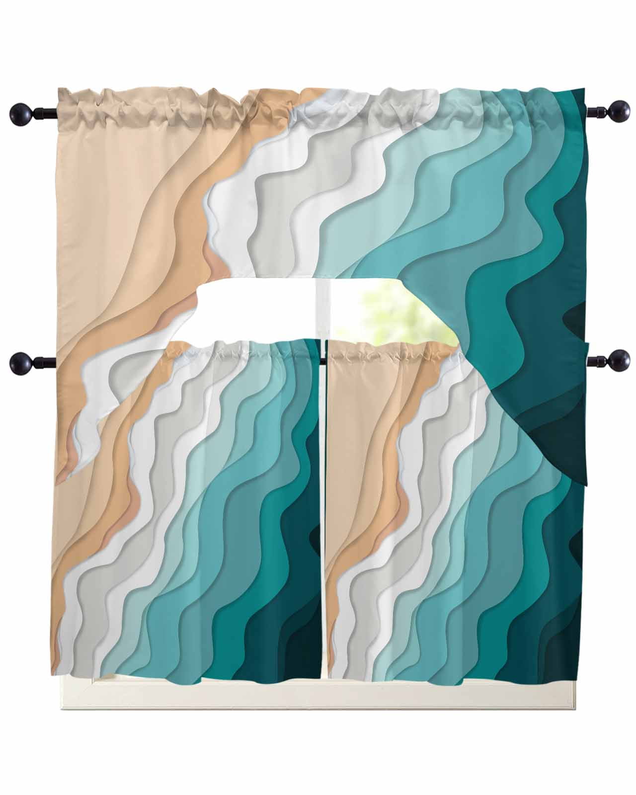 Turquoise Coastal Beach Kitchen Curtains Swag Valance and Tier Curtains ...