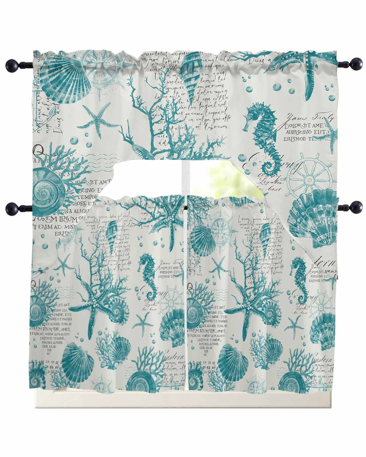Turquoise Coastal Coral Kitchen Curtains Swag Valance and Tier Curtains ...