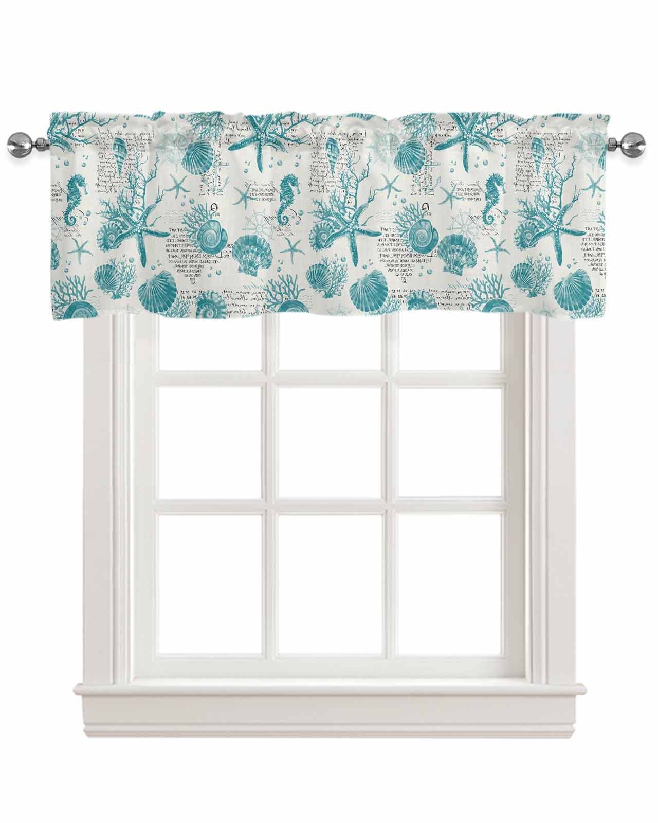 Turquoise Coastal Coral Kitchen Valances for Windows Farmhouse Linen ...