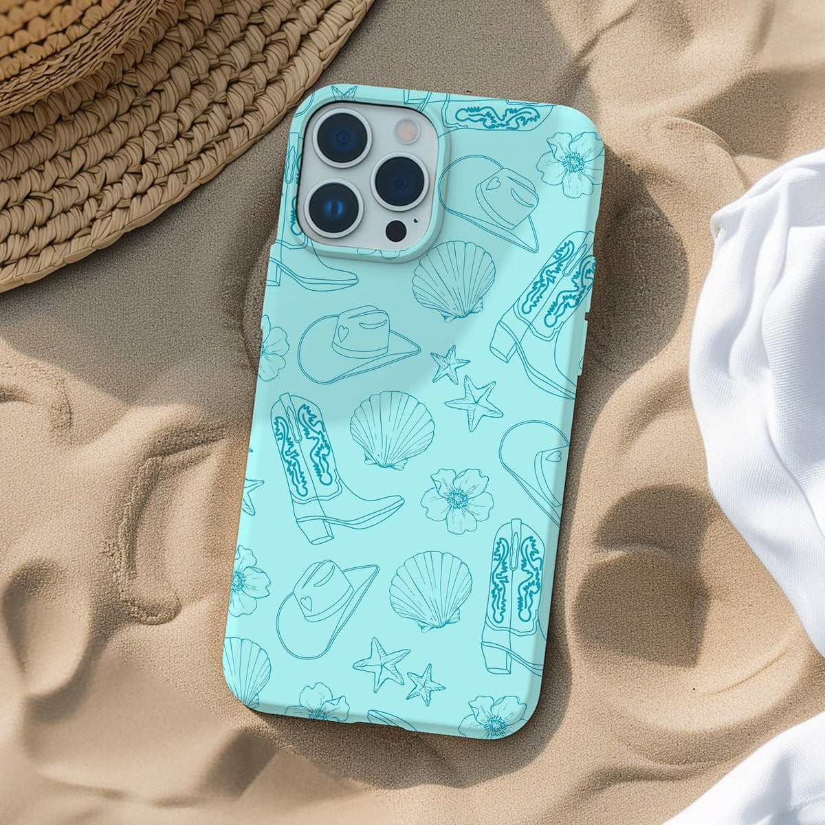 Turquoise Coastal Cowgirl with Cowboy Boot and Seashell Case with iPhone 17 to 11 Pro Max ...