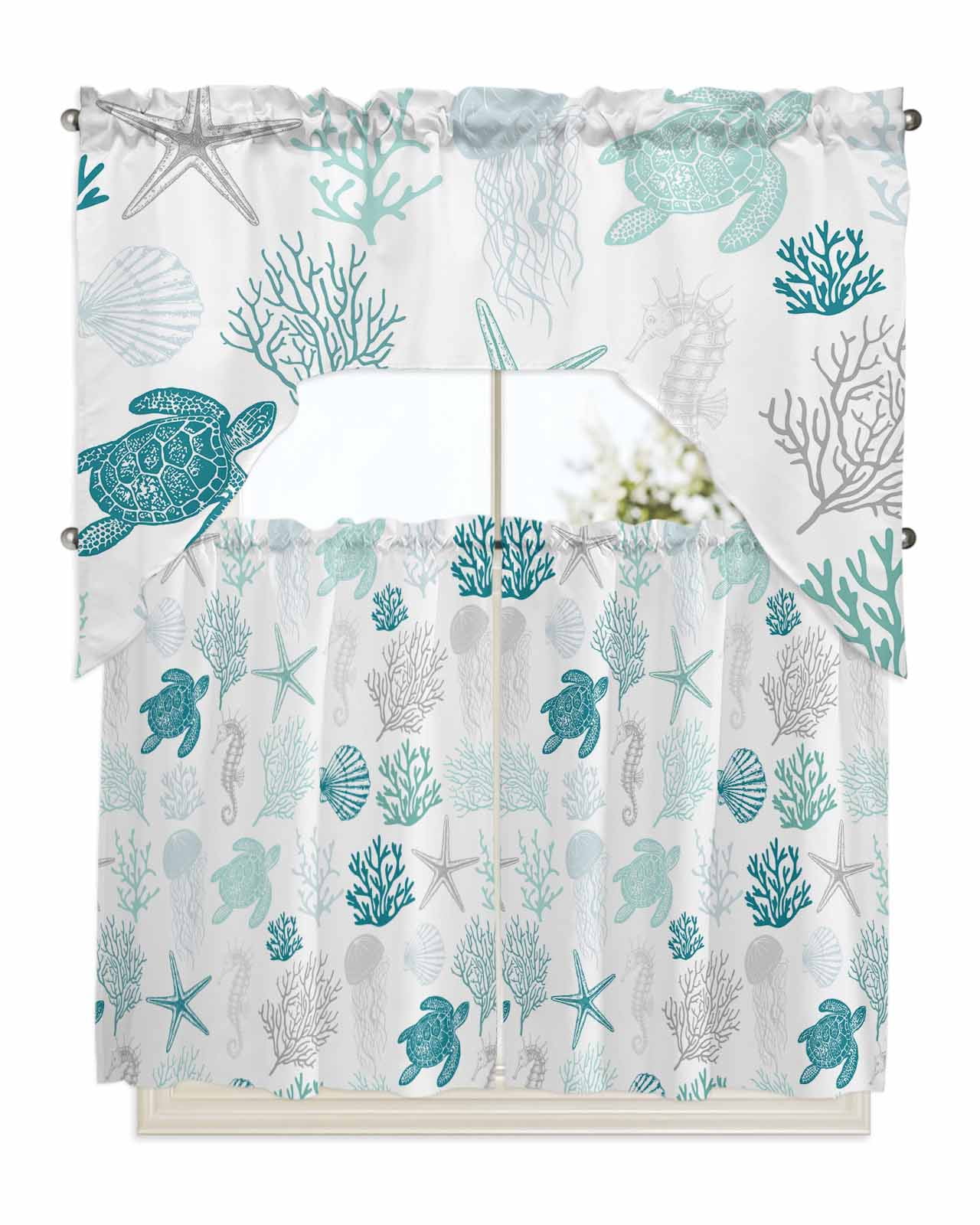 Turquoise Coastal Kitchen Curtains Swag Valance and Tier Curtains Set ...