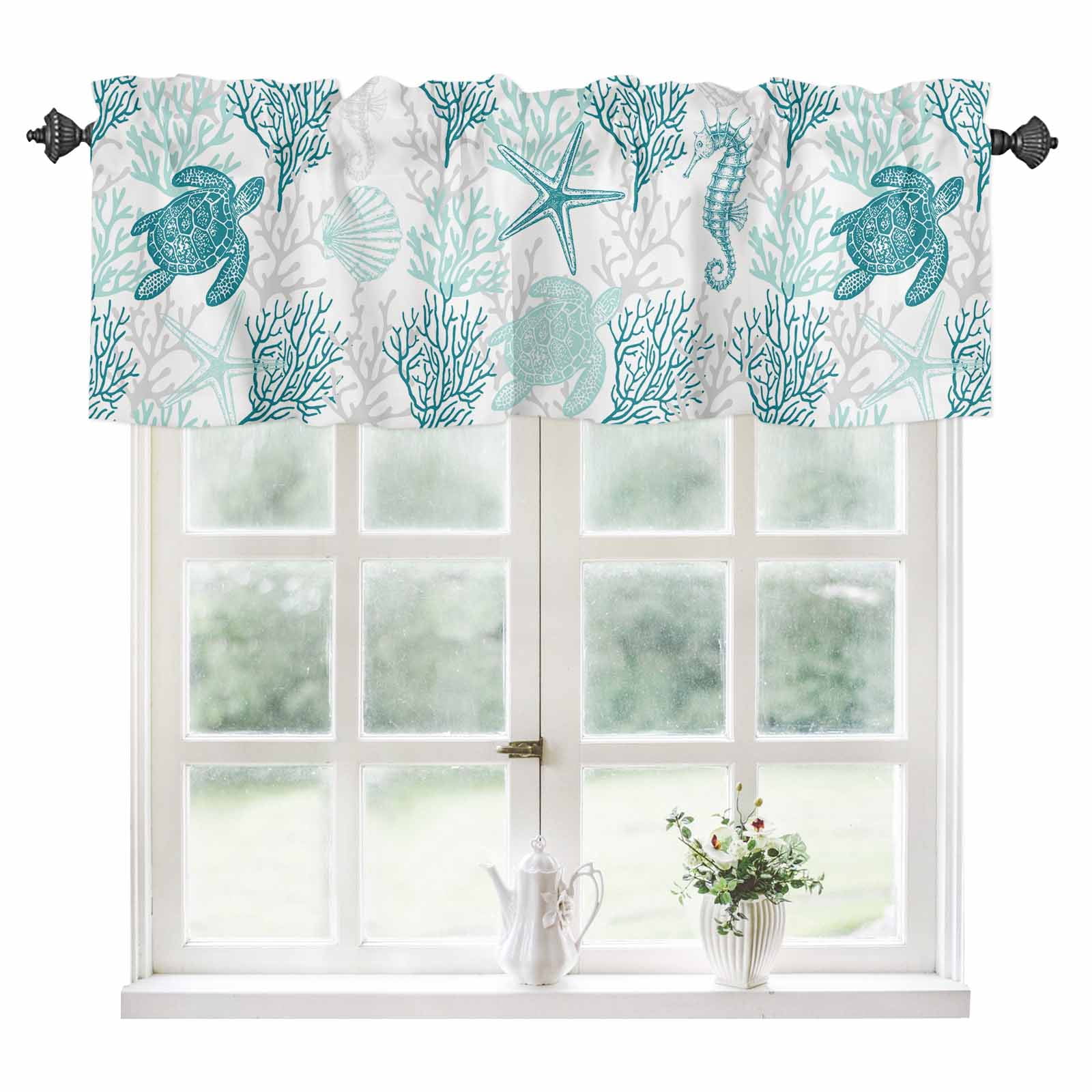 Turquoise Coastal Kitchen Valances for Windows 54x18 Inch Kitchen ...