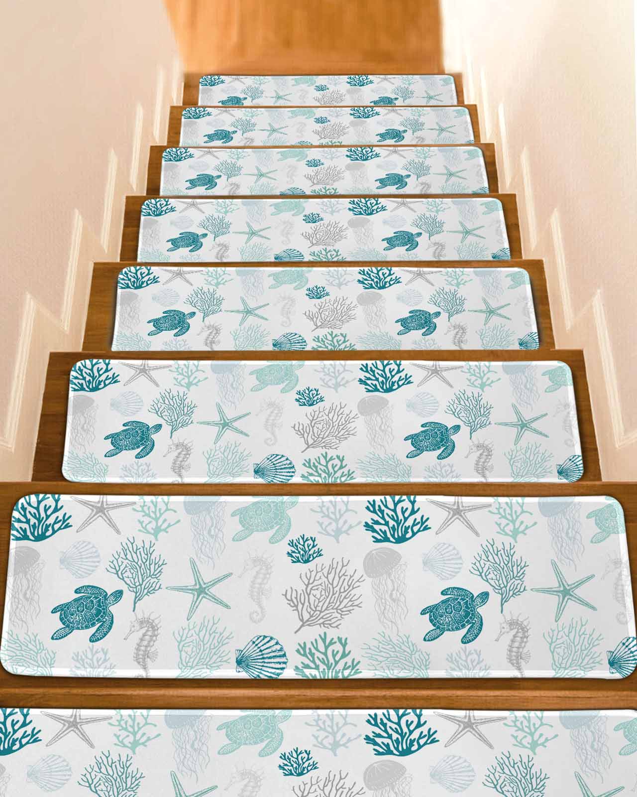 Turquoise Coastal Stair Treads for Wooden Steps Indoor Runner Rug ...