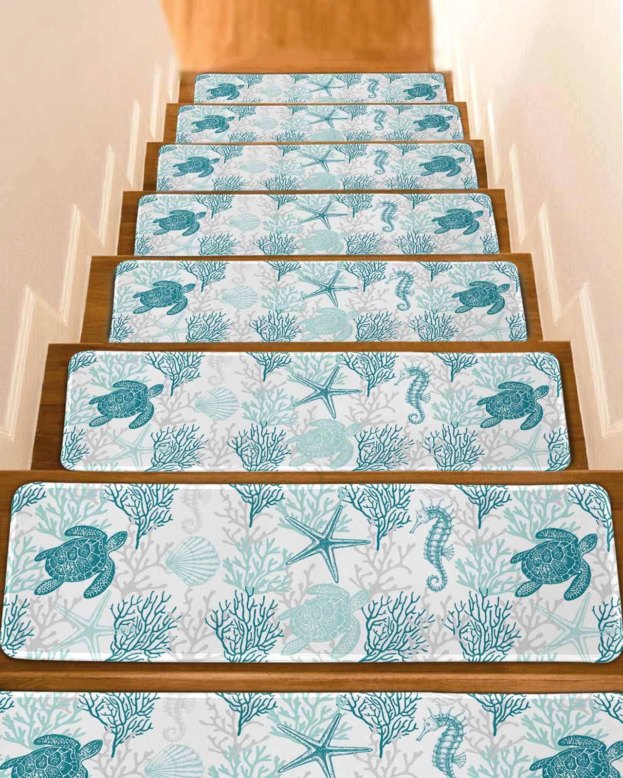 Turquoise Coastal Stair Treads for Wooden Steps Indoor Runner Rug ...