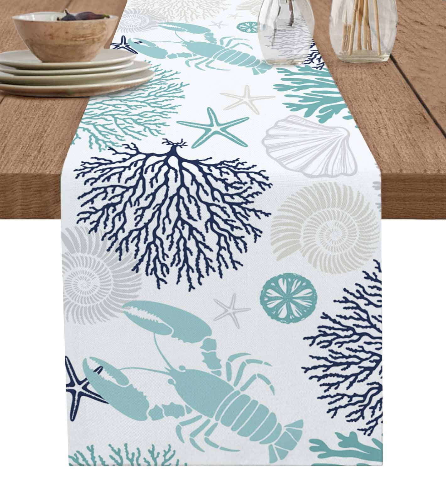 Turquoise Coastal Table Runner 36 Inches, Summer Lobster Coral Nautical ...