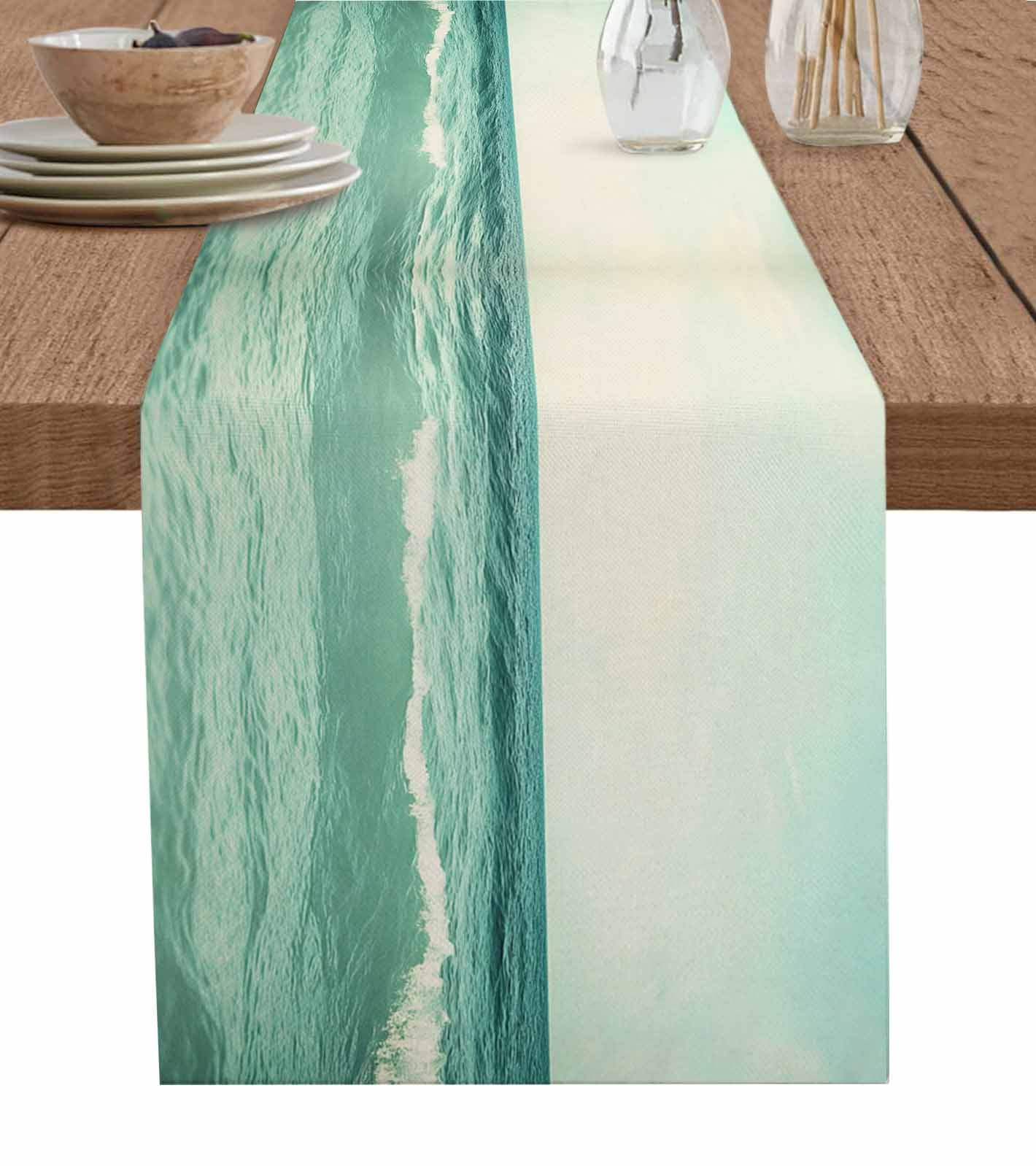 Turquoise Coastal Table Runner 90 Inches, Teal Vintage Summer Ocean ...