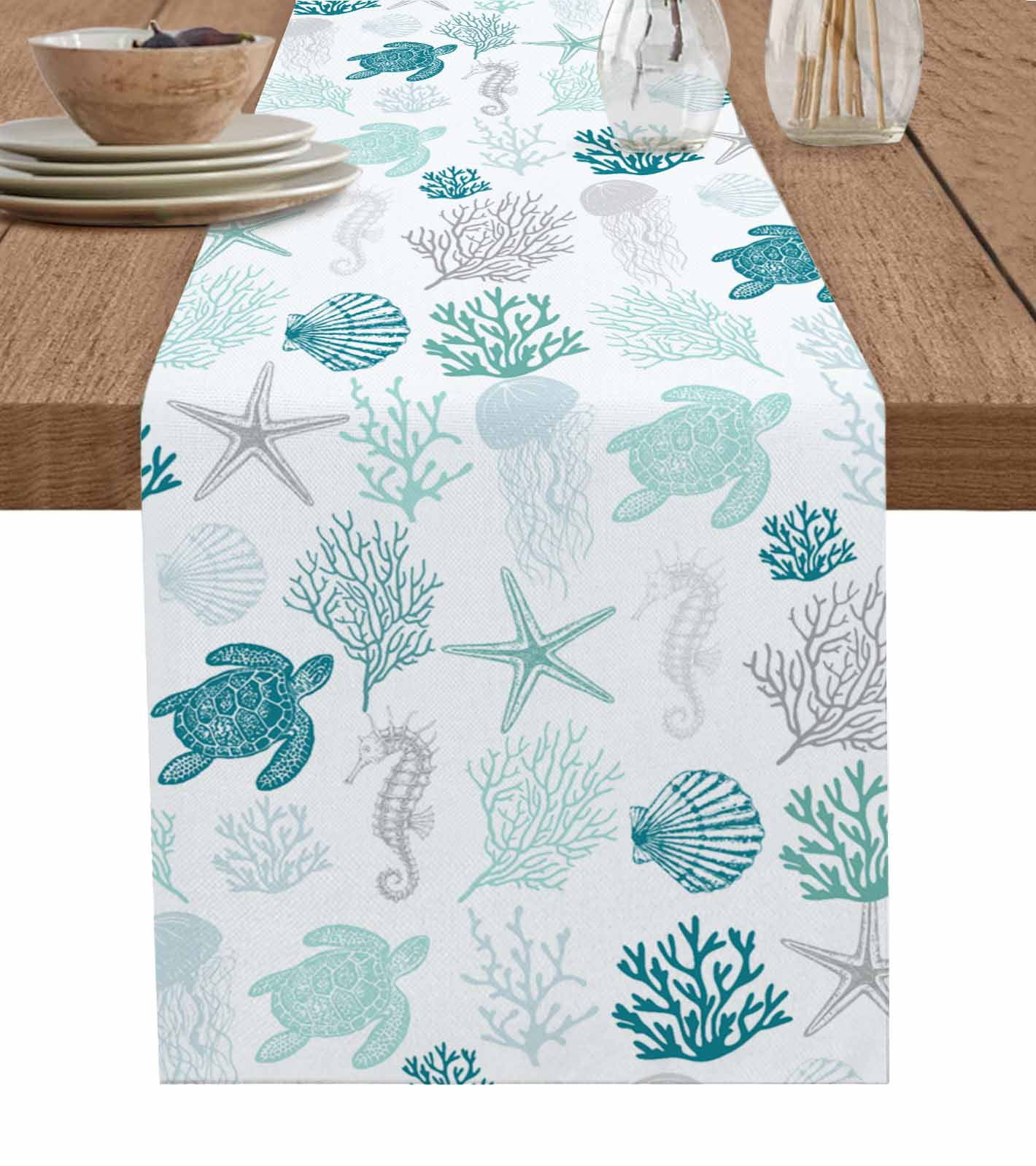 Turquoise Coastal Table Runner Nautical Summer Beach Coral Sea Turtle ...
