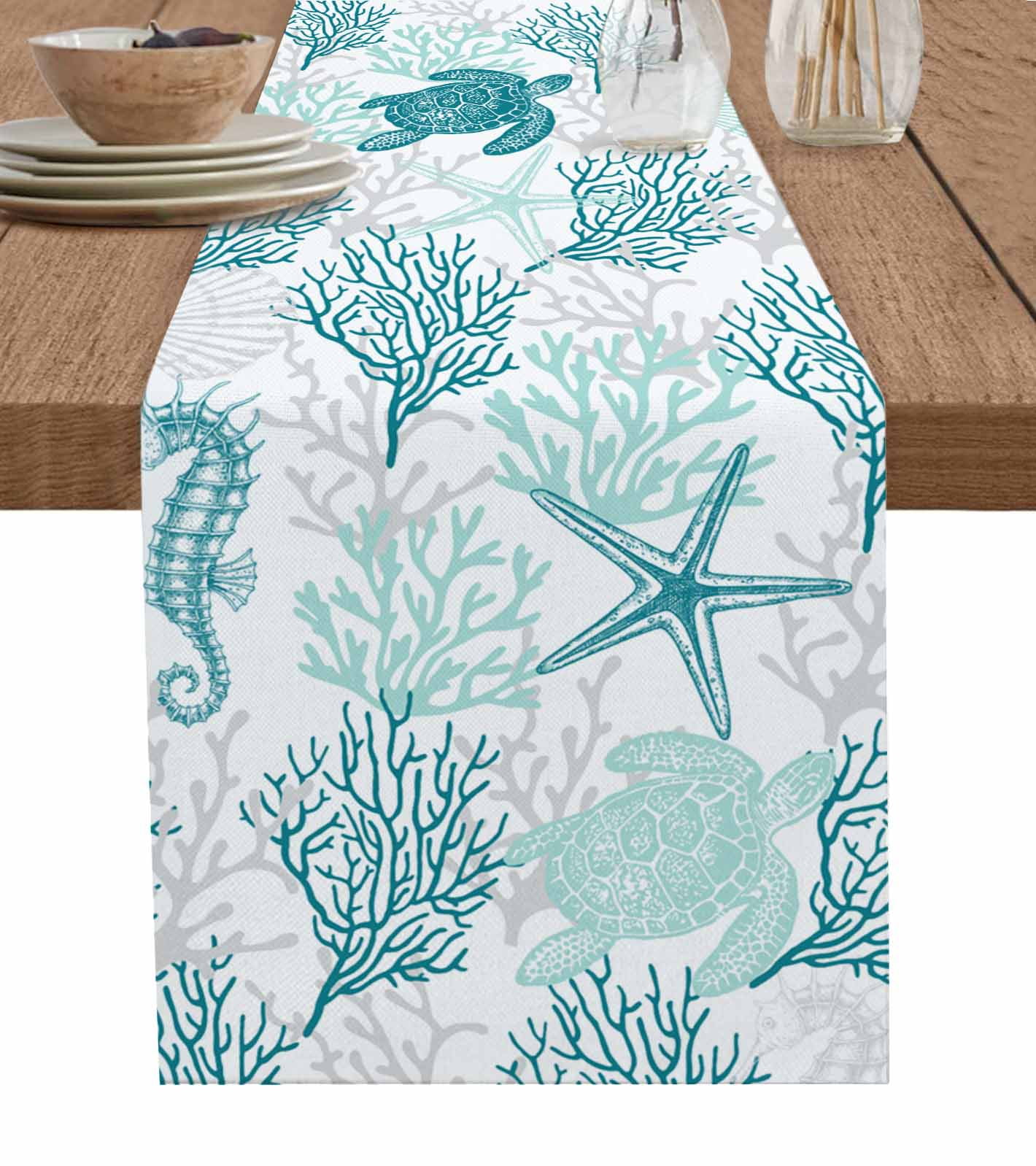 Turquoise Coastal Table Runner Sea Turtle Nautical Coral Summer Beach Tablerunners 13 x 108 Inch ...
