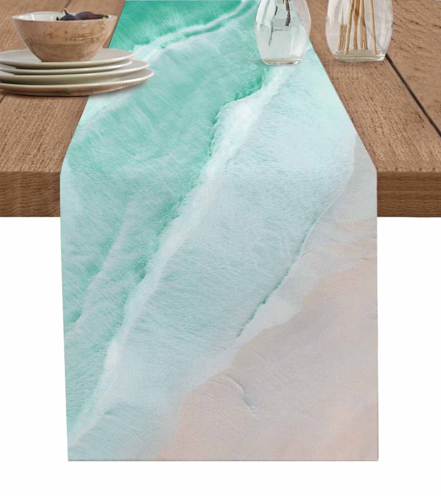 Turquoise Coastal Wave Table Runner 108 Inches, Summer Modern Ocean ...