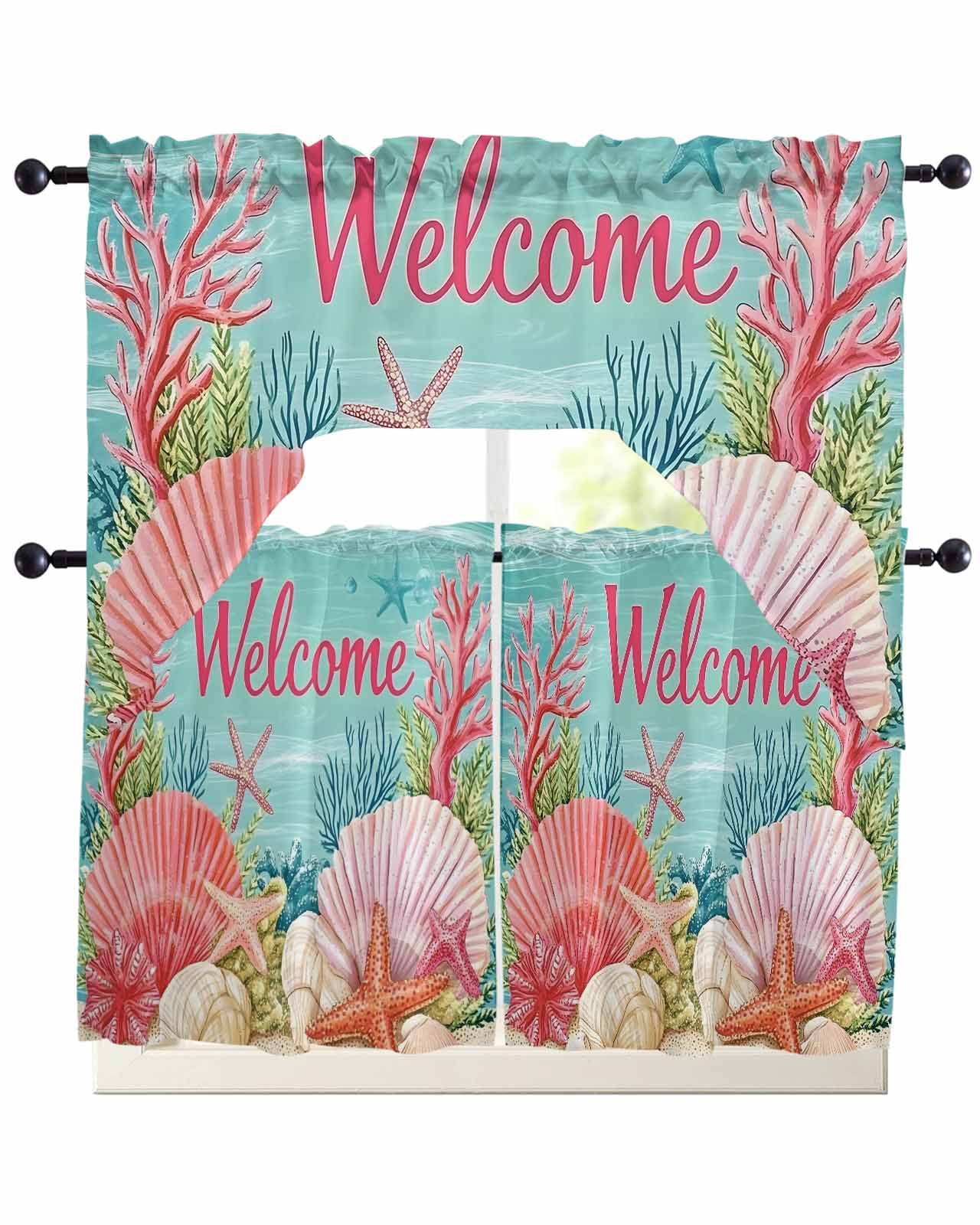 Turquoise Coastal Welcome Kitchen Curtains Swag Valance and Tier ...