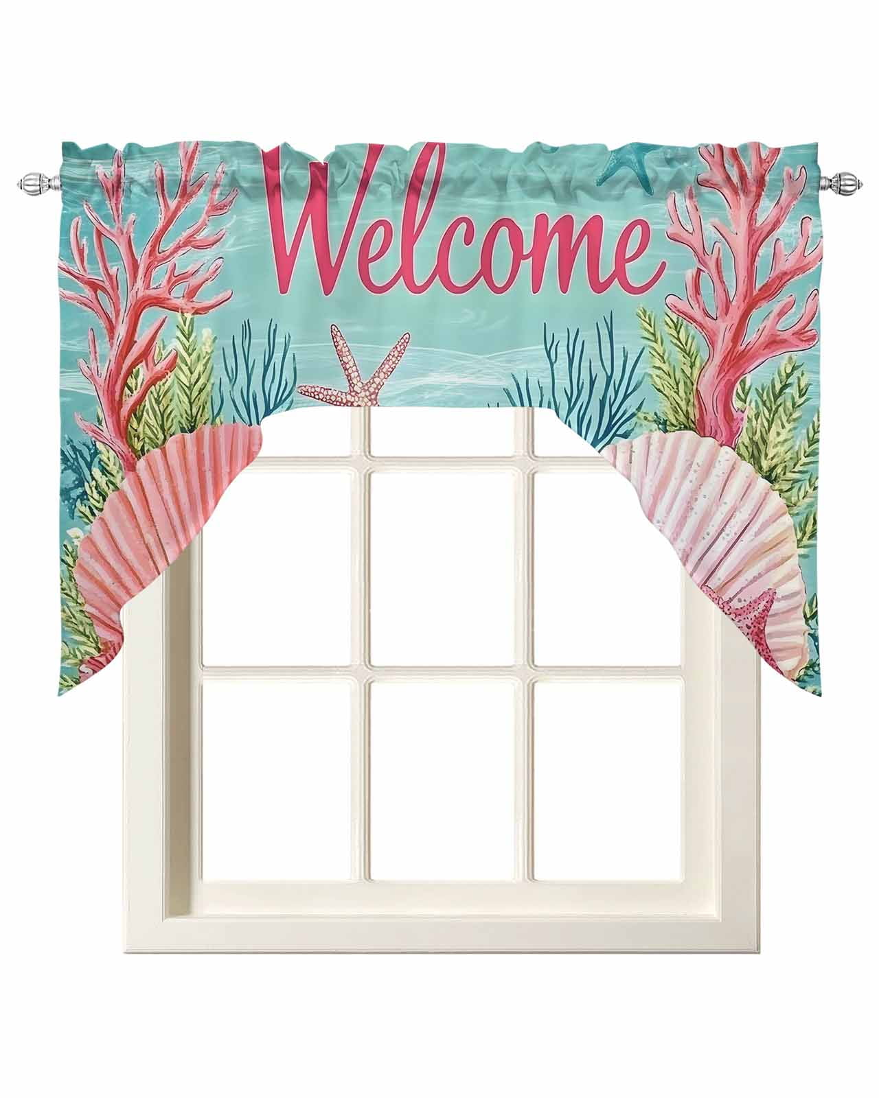 Turquoise Coastal Welcome Kitchen Curtains Swag Valance for Windows ...