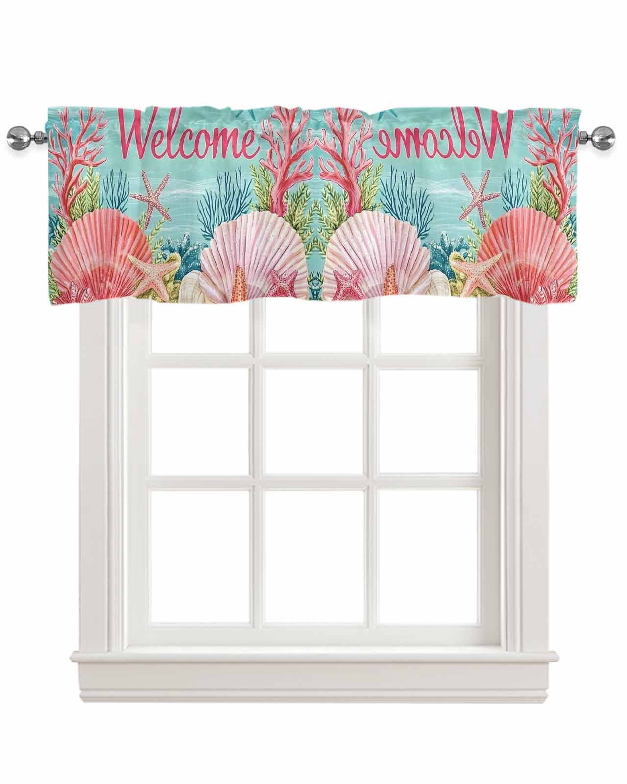 Turquoise Coastal Welcome Kitchen Valances for Windows Farmhouse Linen ...