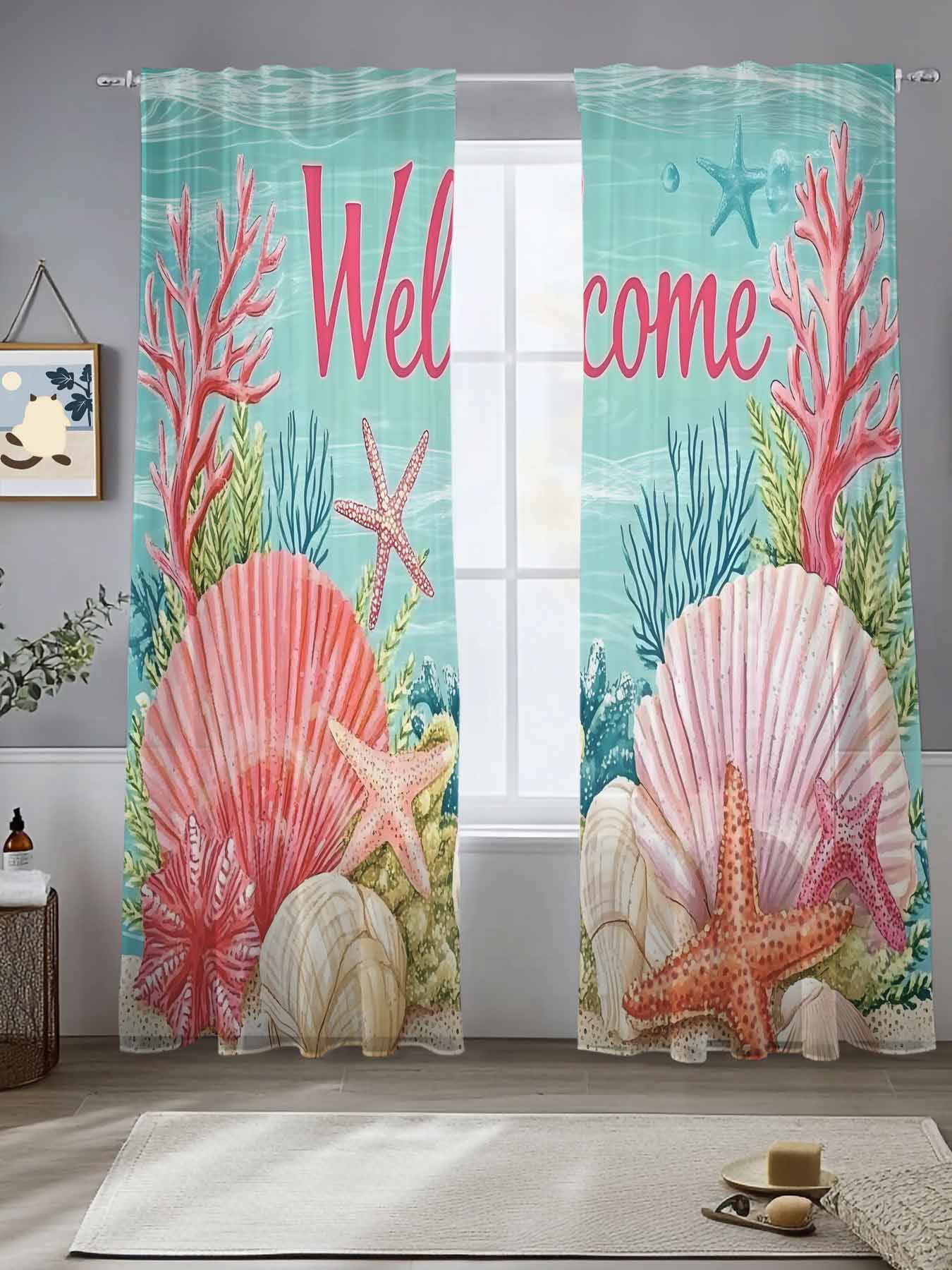 Turquoise Coastal Welcome Sheer Curtains for Living Room Bedroom Ocean ...