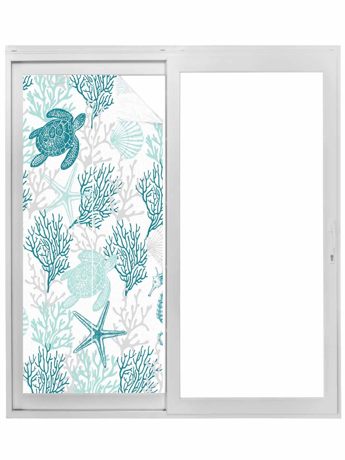 Turquoise Coastal Window Privacy Film, Sea Turtle Nautical Coral Summer ...