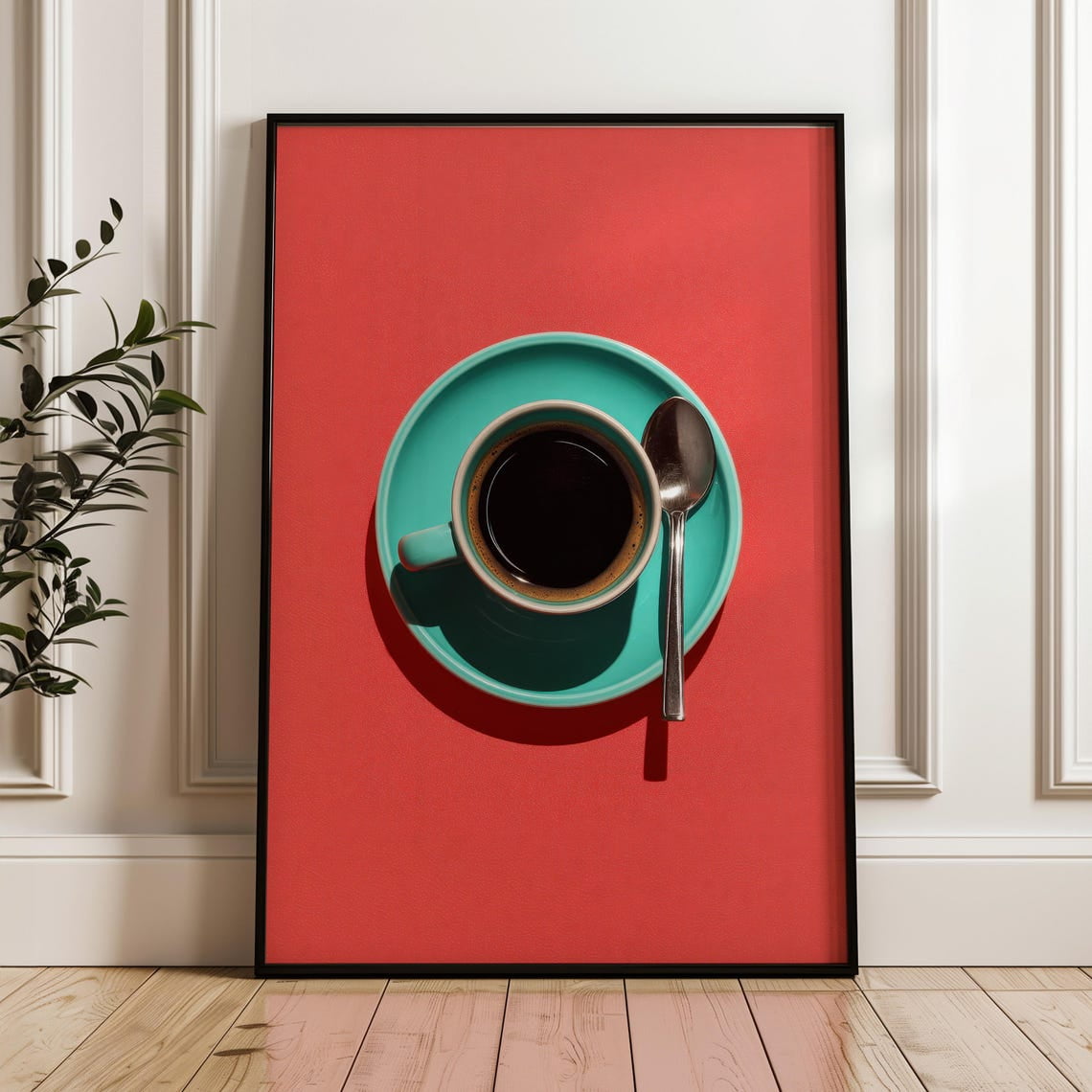 Turquoise Coffee Cup Poster, Blue Plate On Red Background Kitchen Wall ...