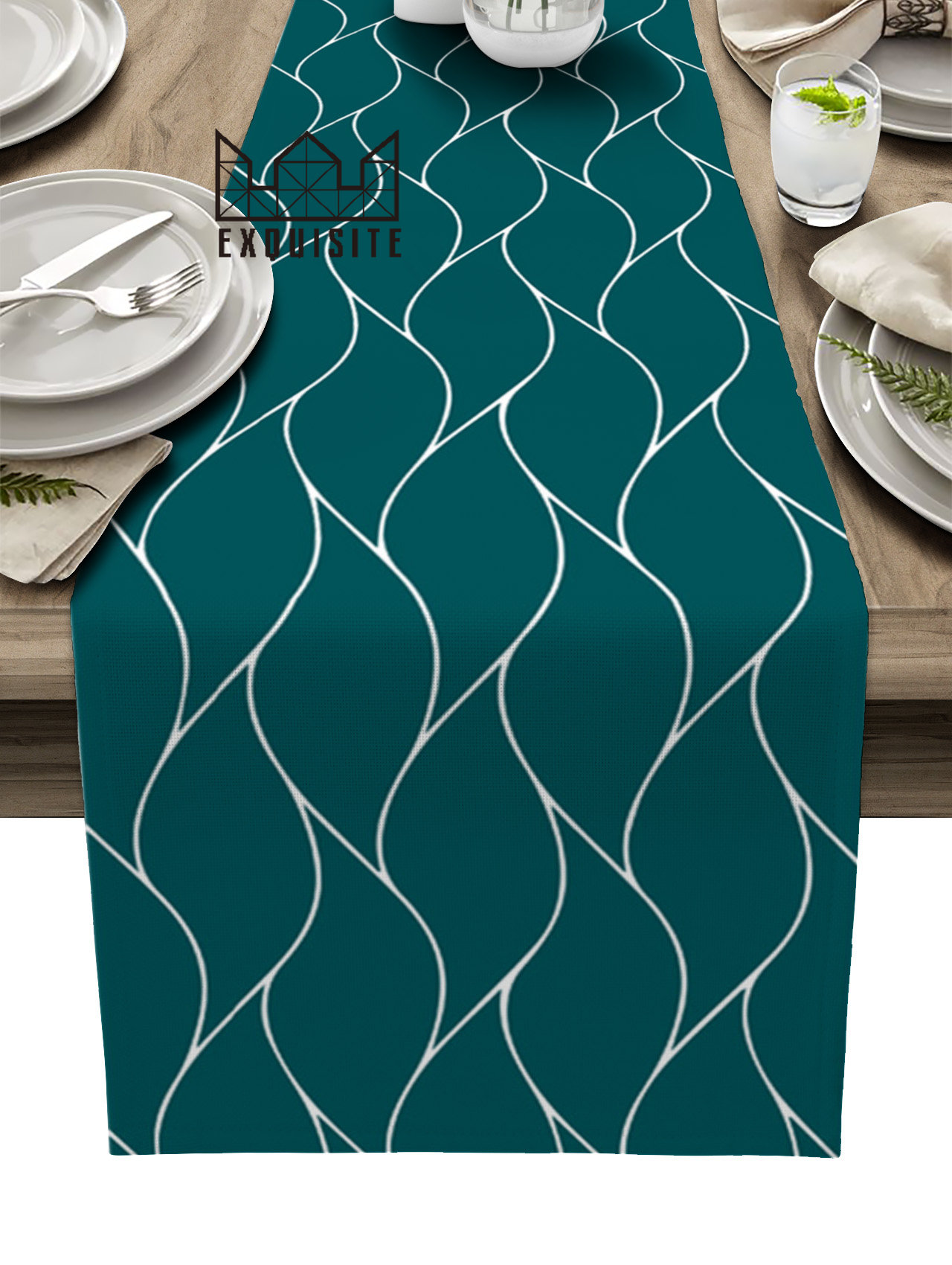 Turquoise Color Long Wave Pattern Texture Table Runner ration Home r ...