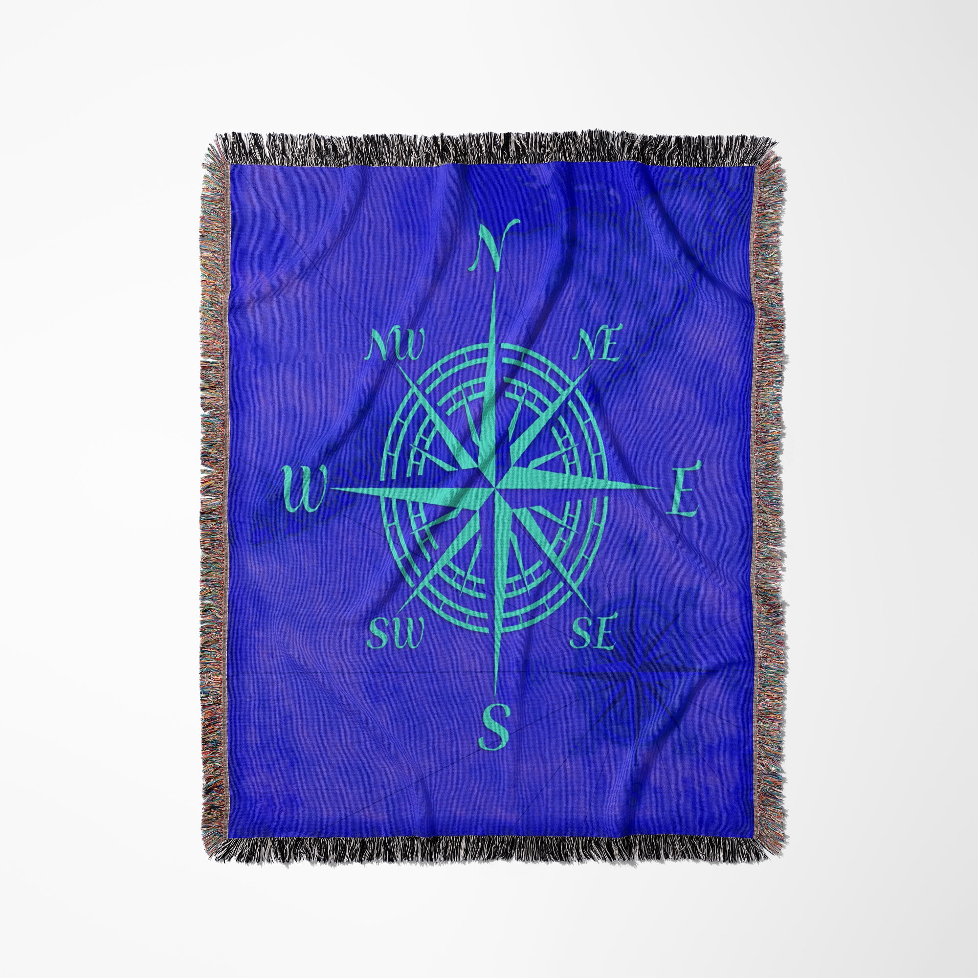 Turquoise Compass Rose On Blue Nautical Map Of The Florida Keys., Woven ...