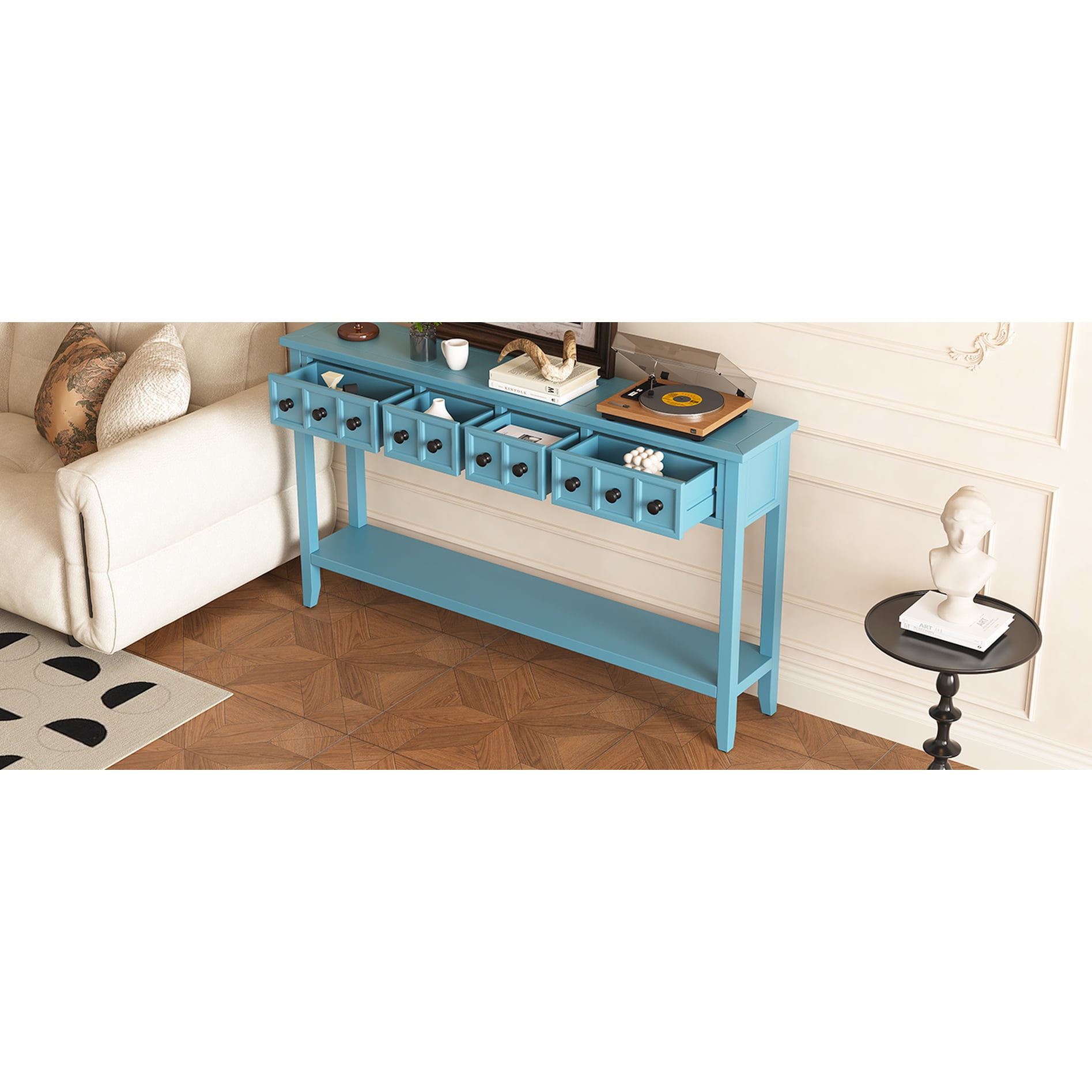Turquoise Console, 60" Long Solid Wood Table With Drawers And Bottom ...
