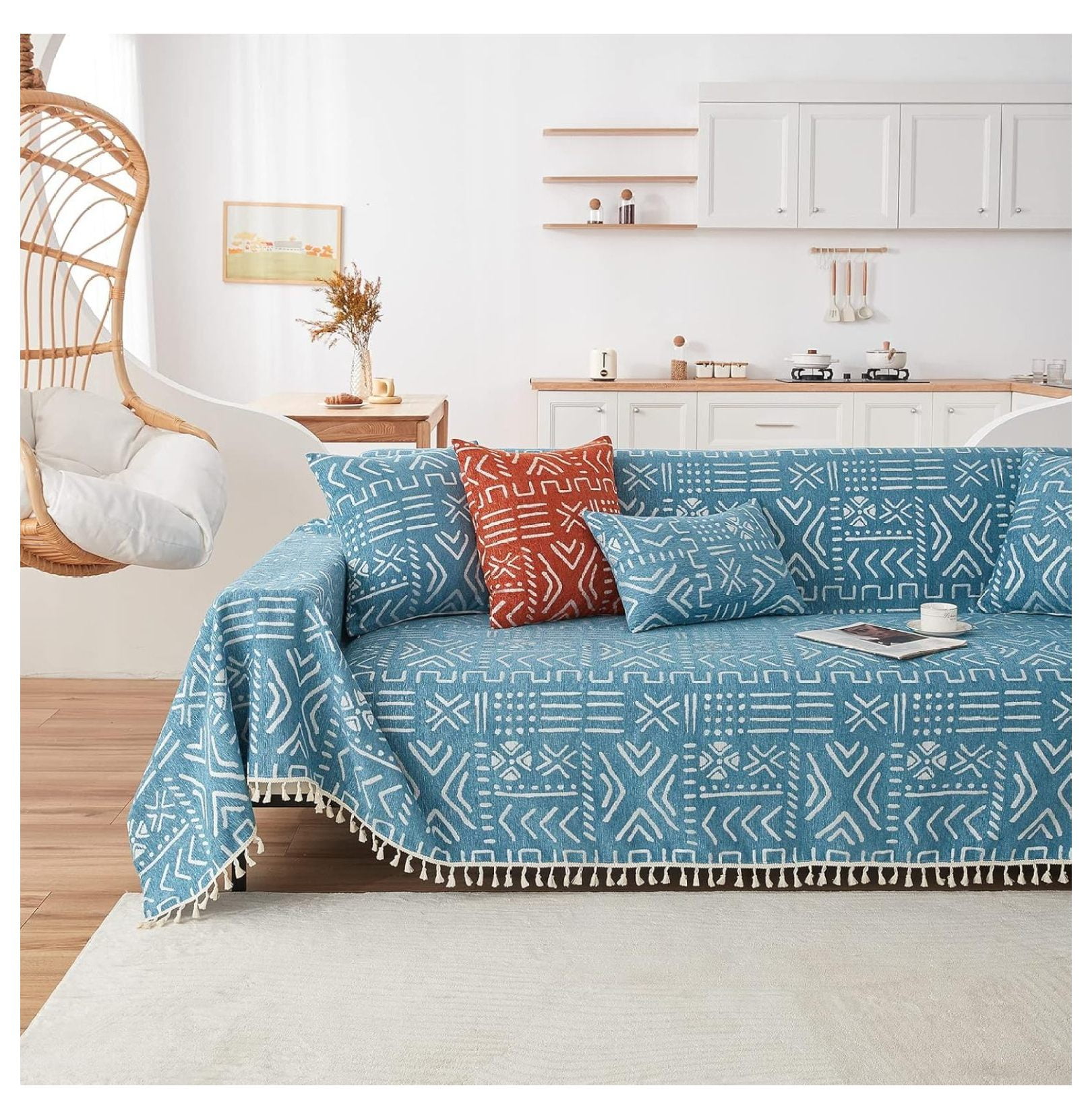 Turquoise Couch Protector for Dogs Boho Tassel Blue Couch Cover ...