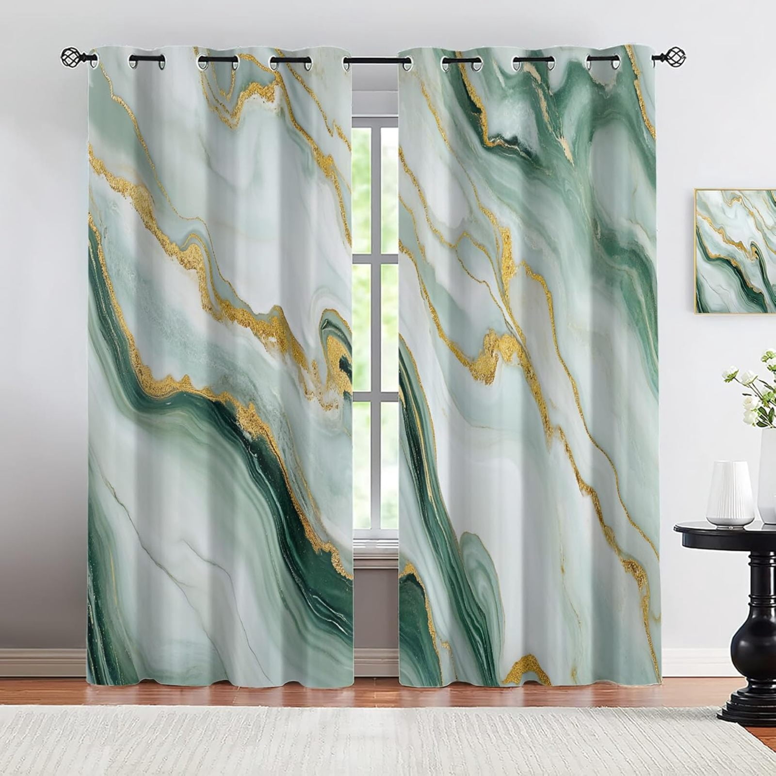 Turquoise Curtain, Emerald Green Marble Blackout Curtain For Living ...