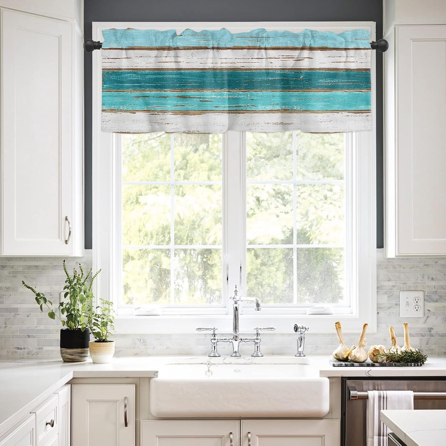 Turquoise Curtain Kitchen Abstract Art Valance, Modern Wood Texture ...