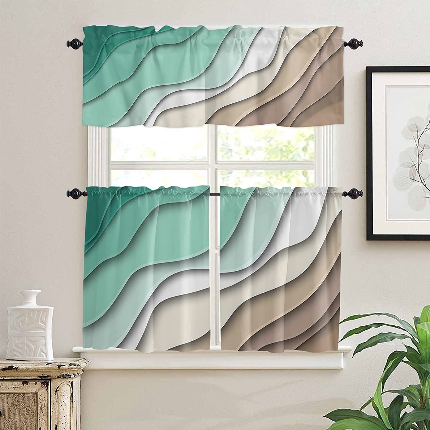 Turquoise Curtain Tier and Valance Set Ripple Stripes Kitchen 3 Piece ...