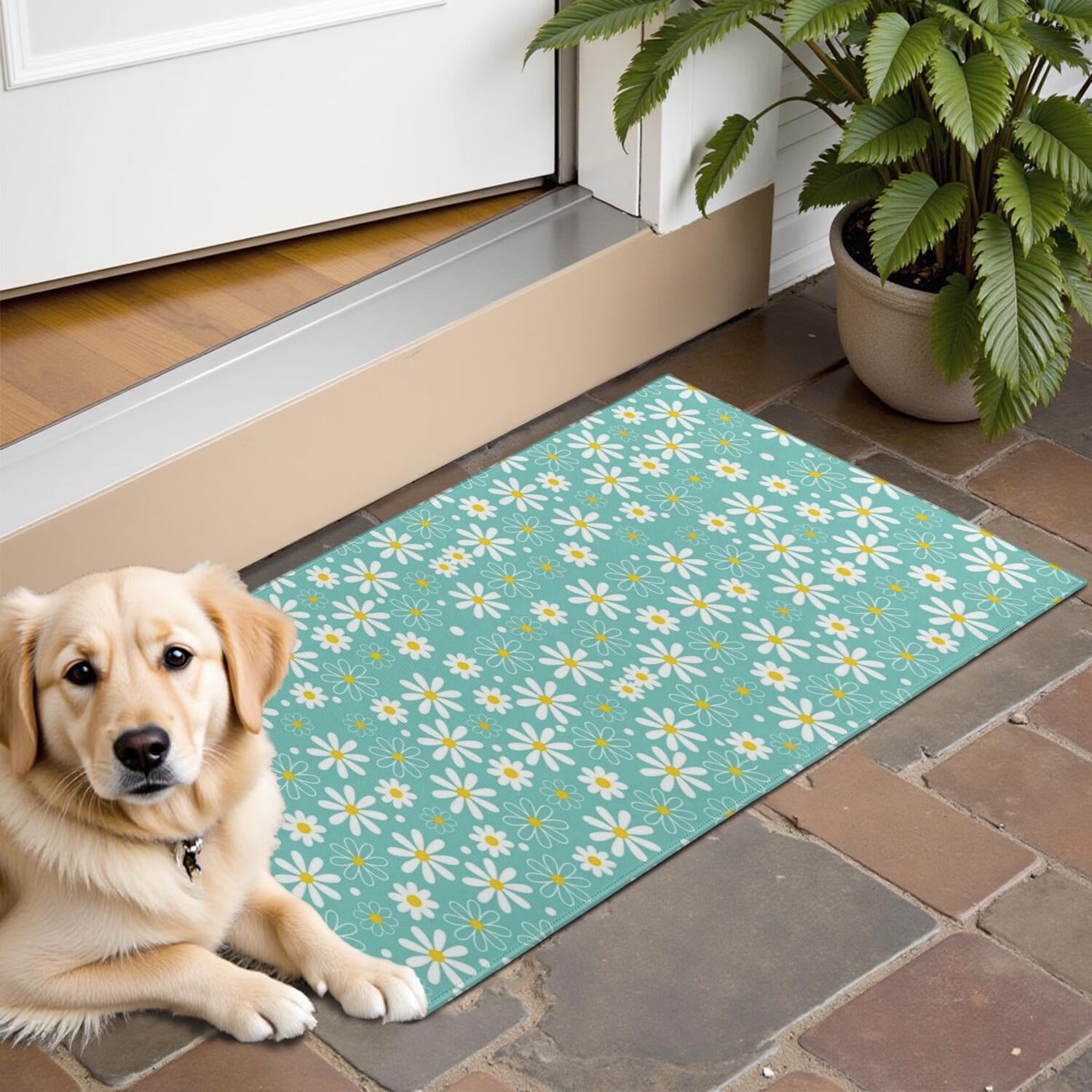 Turquoise Daisy Flower Yellow Centers Pattern Door Rugs,Washable Non ...