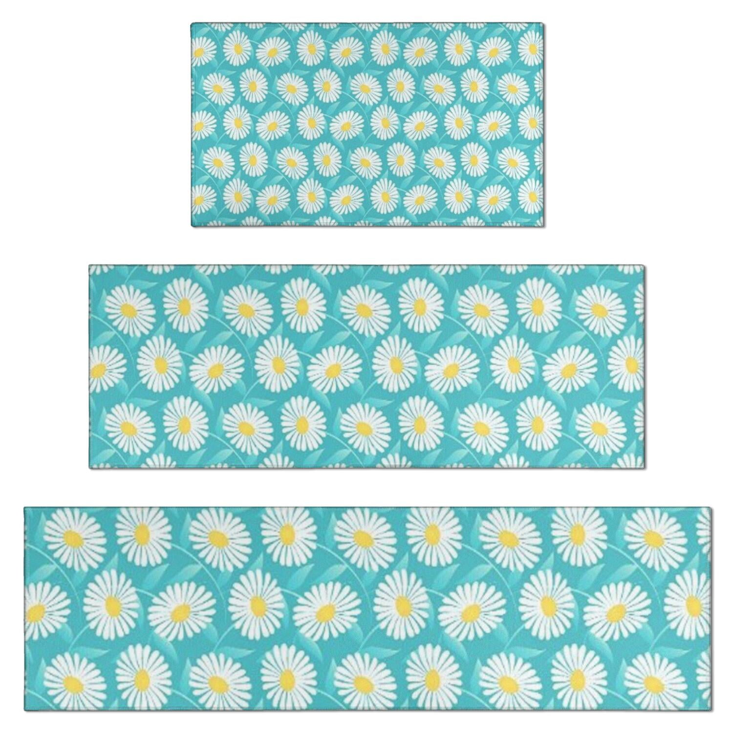 Turquoise Daisy Flower Yellow Centers Pattern Kitchen Rugs Sets Of 3 ...