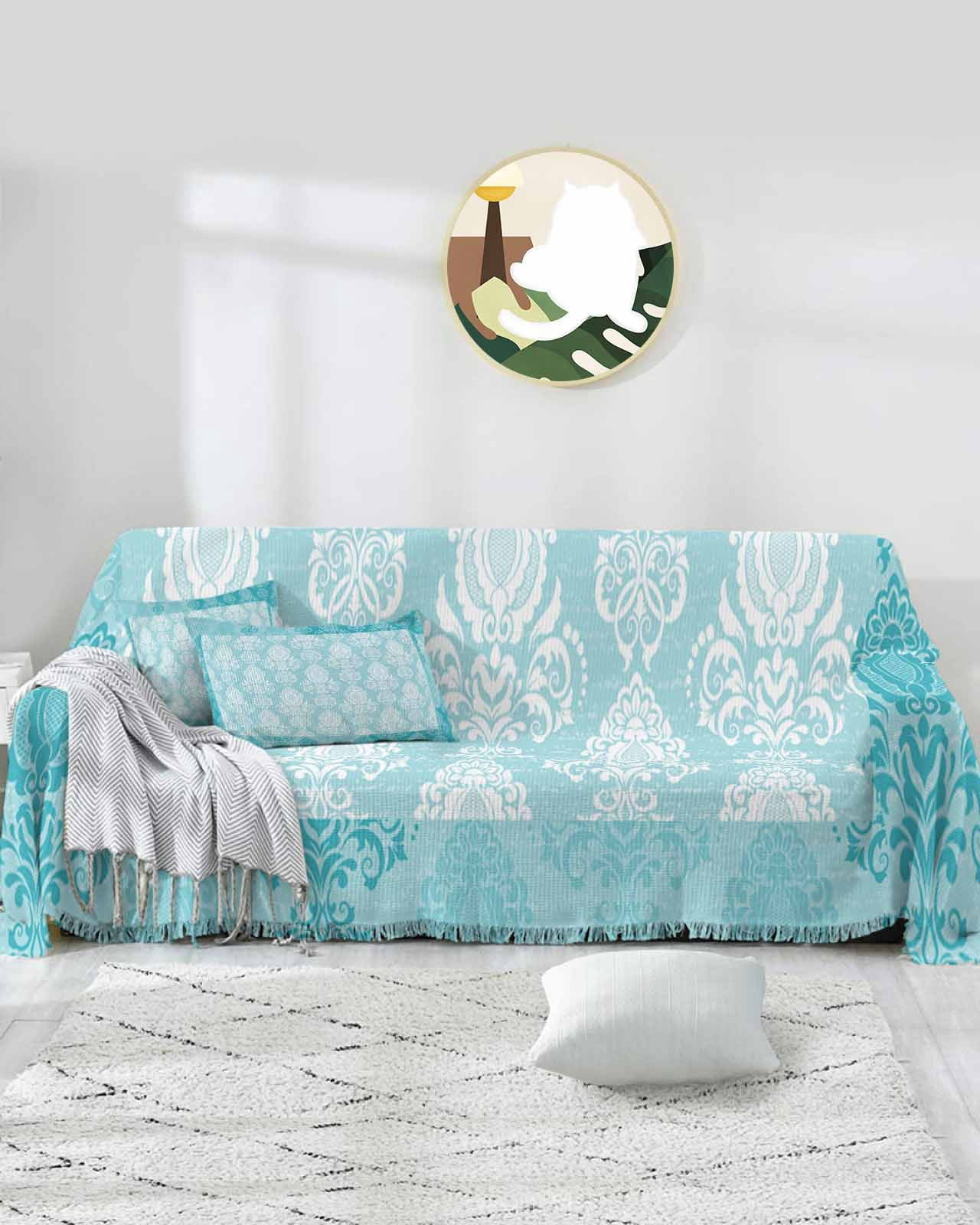 Turquoise Damask Sofa Covers for 3 Cushion,Washable Couch Cover for ...