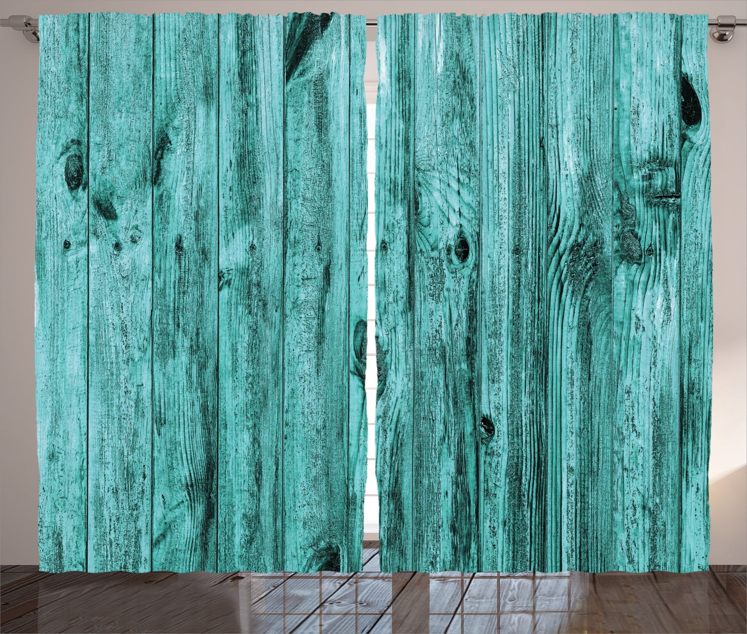 Turquoise Decor Curtains 2 Panels Set, Wall of Turquoise Wooden Texture ...