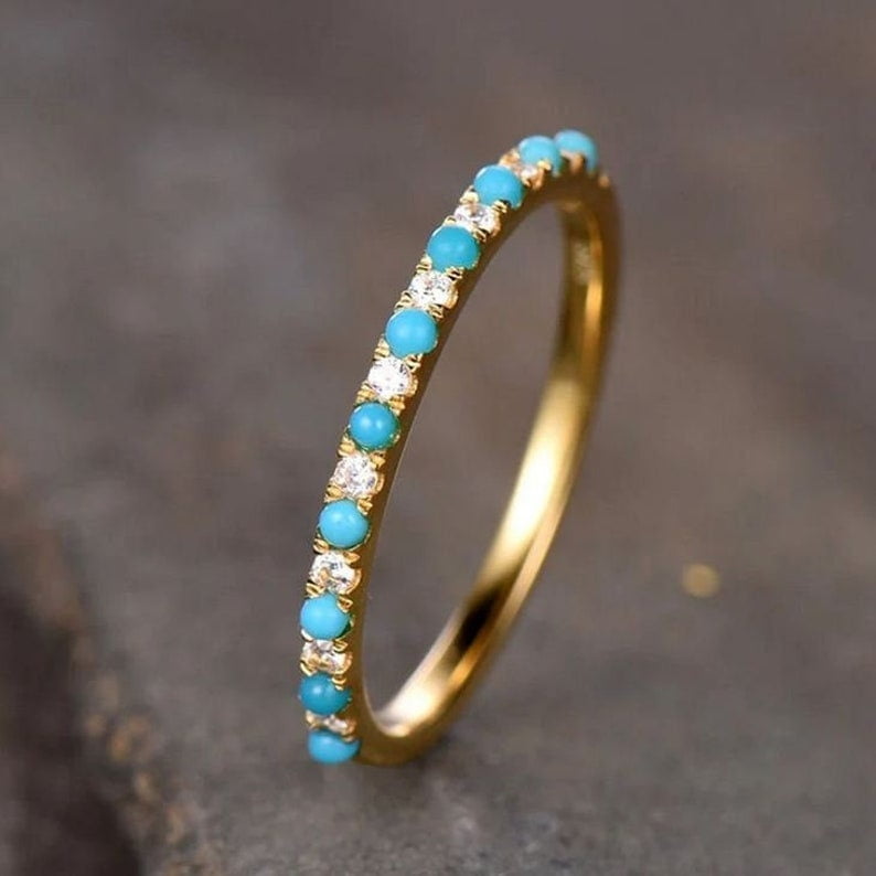 Turquoise & Diamond Full Micro Pavé 14K Solid Gold Eternity Band Ring ...