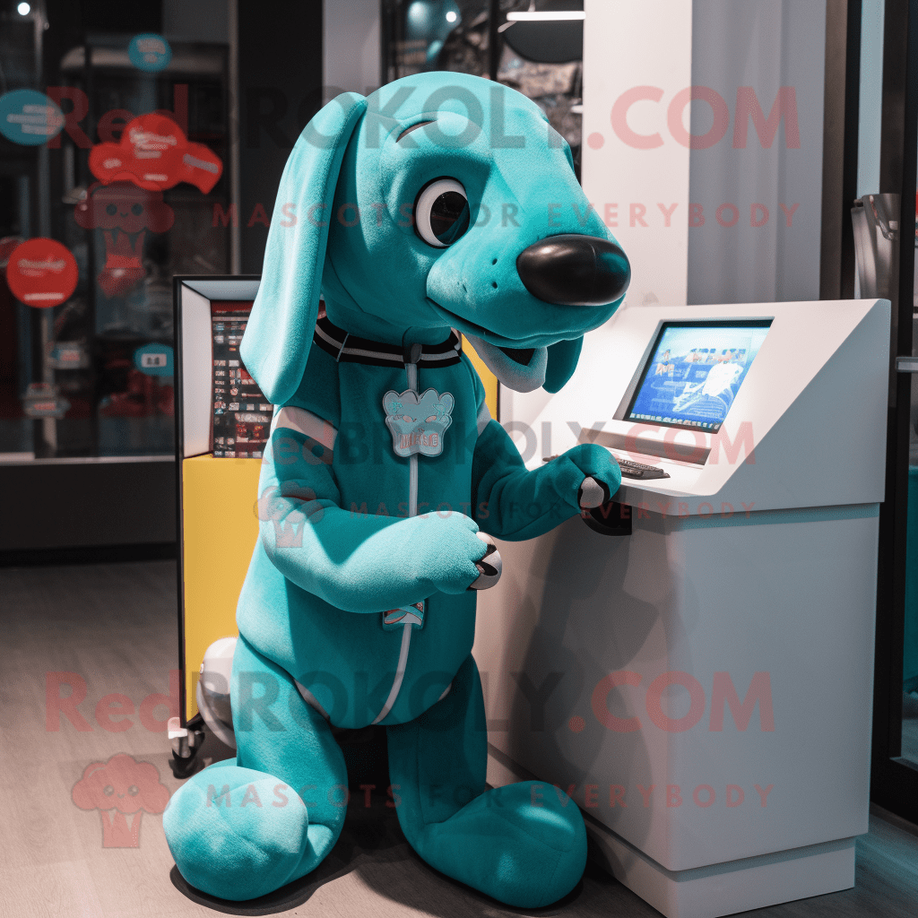 Turquoise Dog REDBROKOLY mascot costume character dressed with a ...