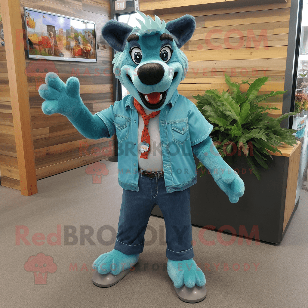 Turquoise Dog REDBROKOLY mascot costume character dressed with a Denim ...
