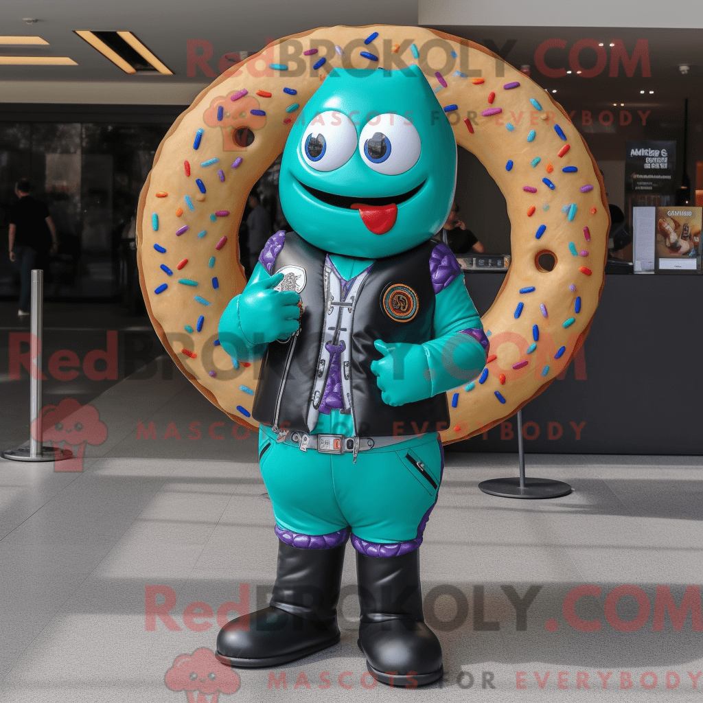 Turquoise Donut REDBROKOLY mascot costume character dressed with a ...