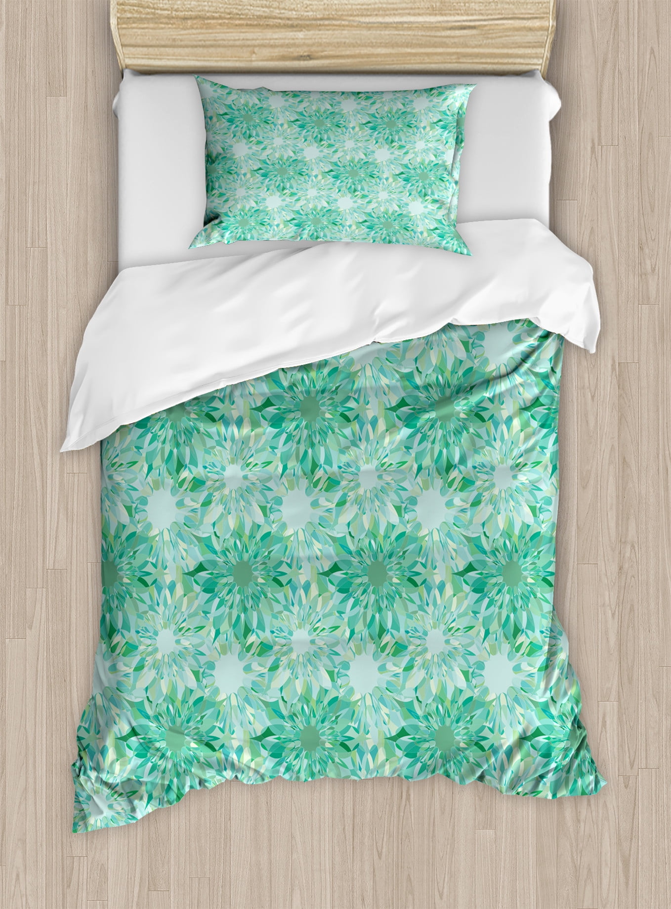 Turquoise Duvet Cover Set, Floral Pattern with Beryl Crystal Guilloche ...