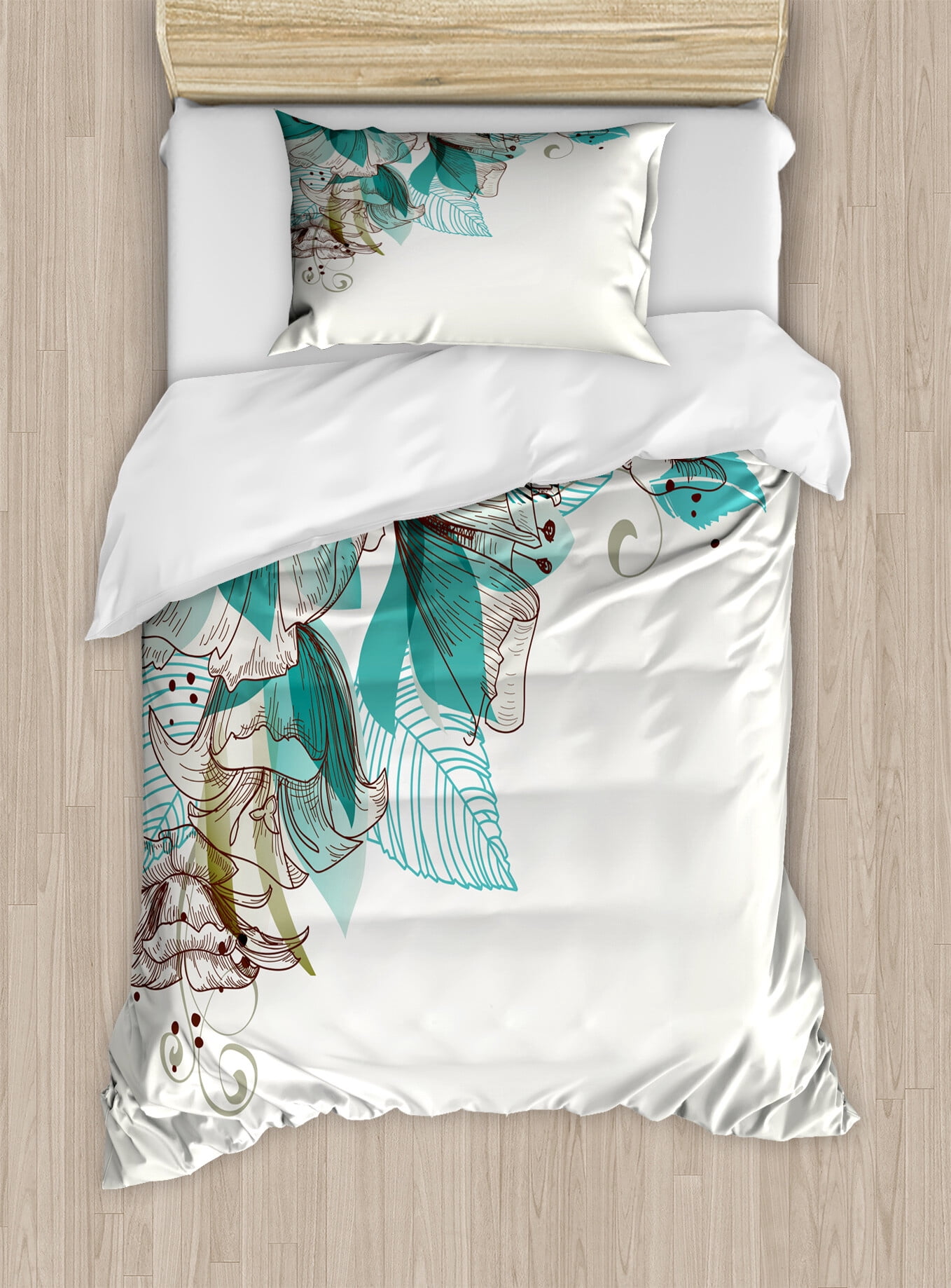 Turquoise Duvet Cover Set, Flowers Buds Leaf at the top Left Corner ...