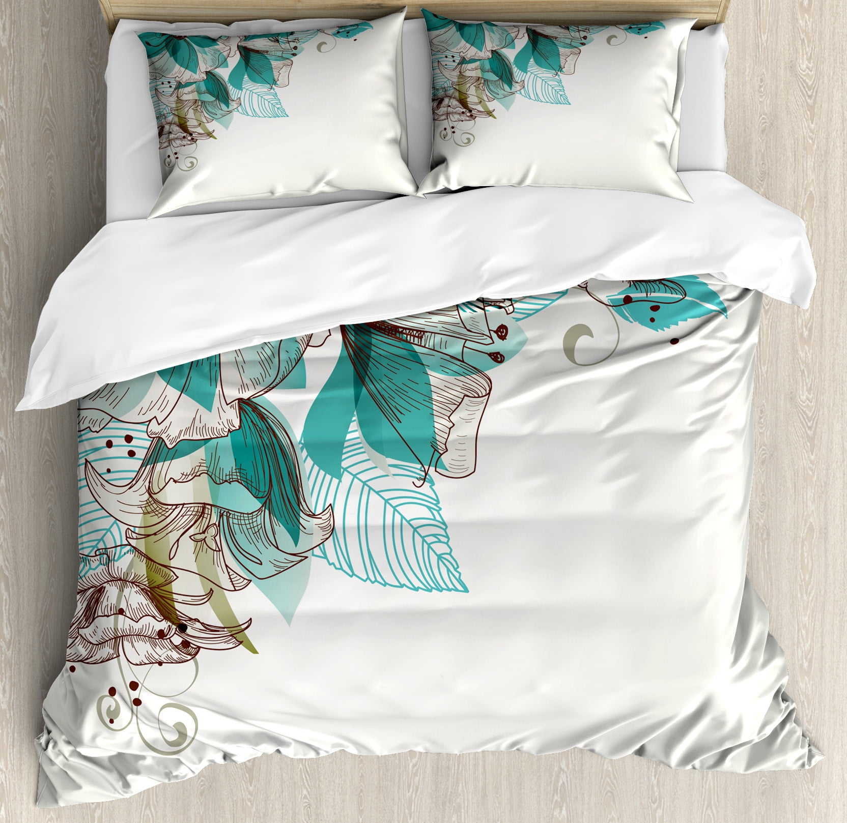 Turquoise Duvet Cover Set, Flowers Buds Leaf at the top Left Corner ...