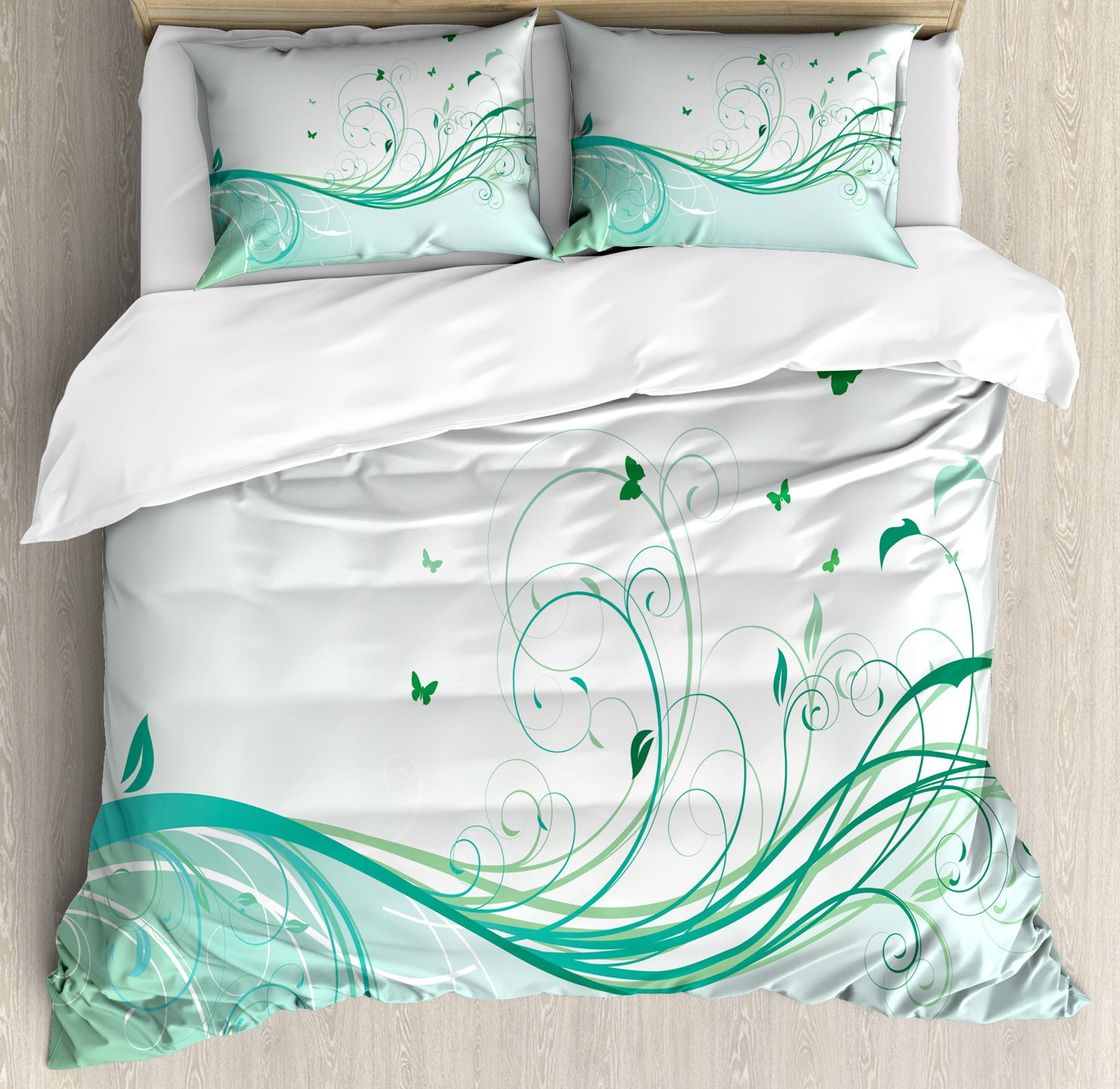 Turquoise Duvet Cover Set, Illustration Floral Victorian Style Curvy ...