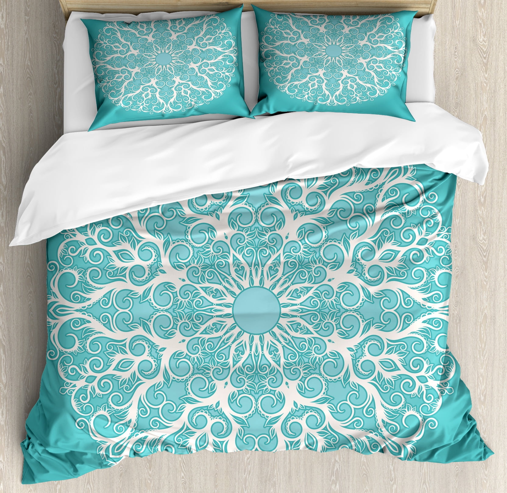 Turquoise Duvet Cover Set, Round Curving Tree Branches Pattern Infinite Circle Symmetrical Cuves ...