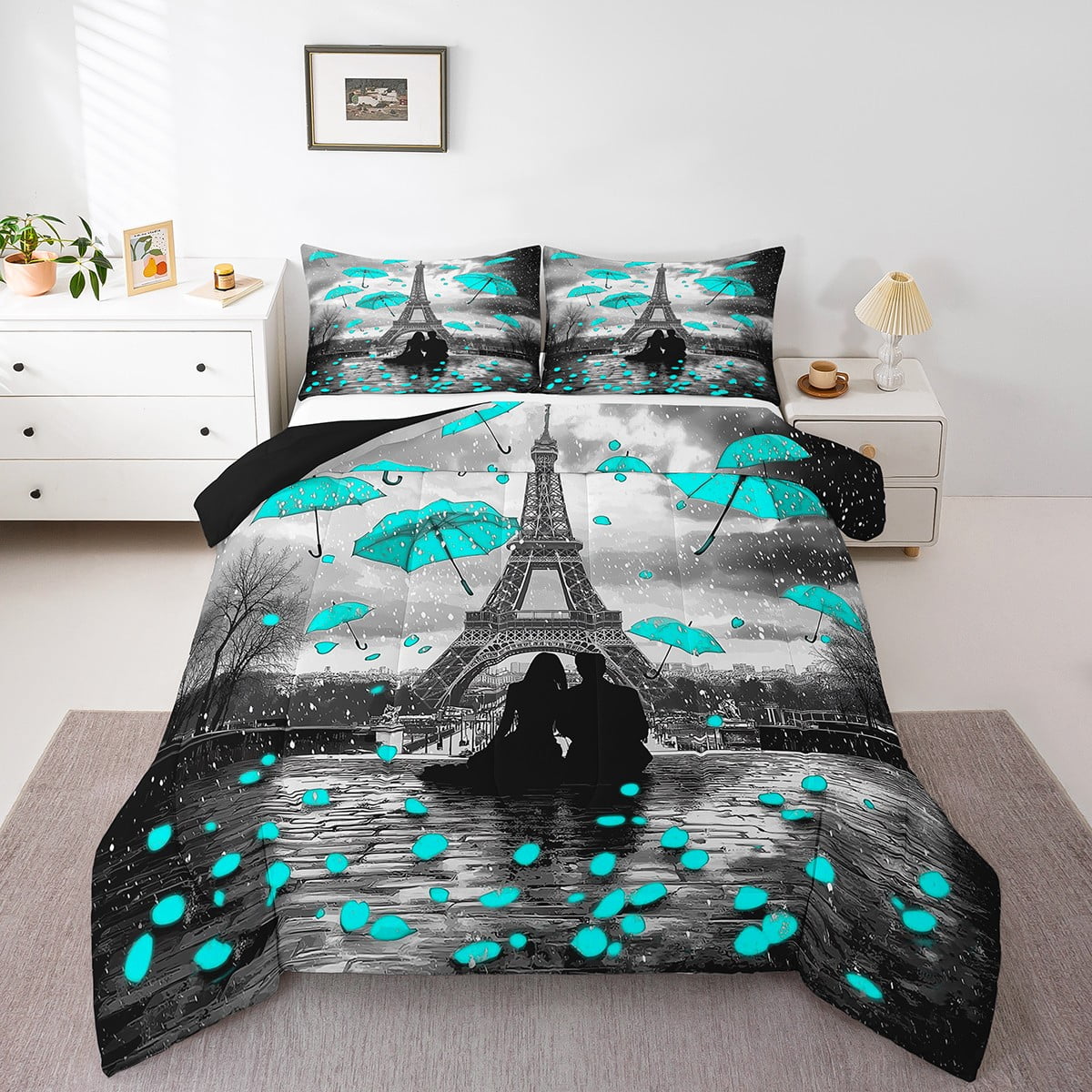 Turquoise Eiffel Tower Comforter Set Queen Size,French Paris Duvet ...