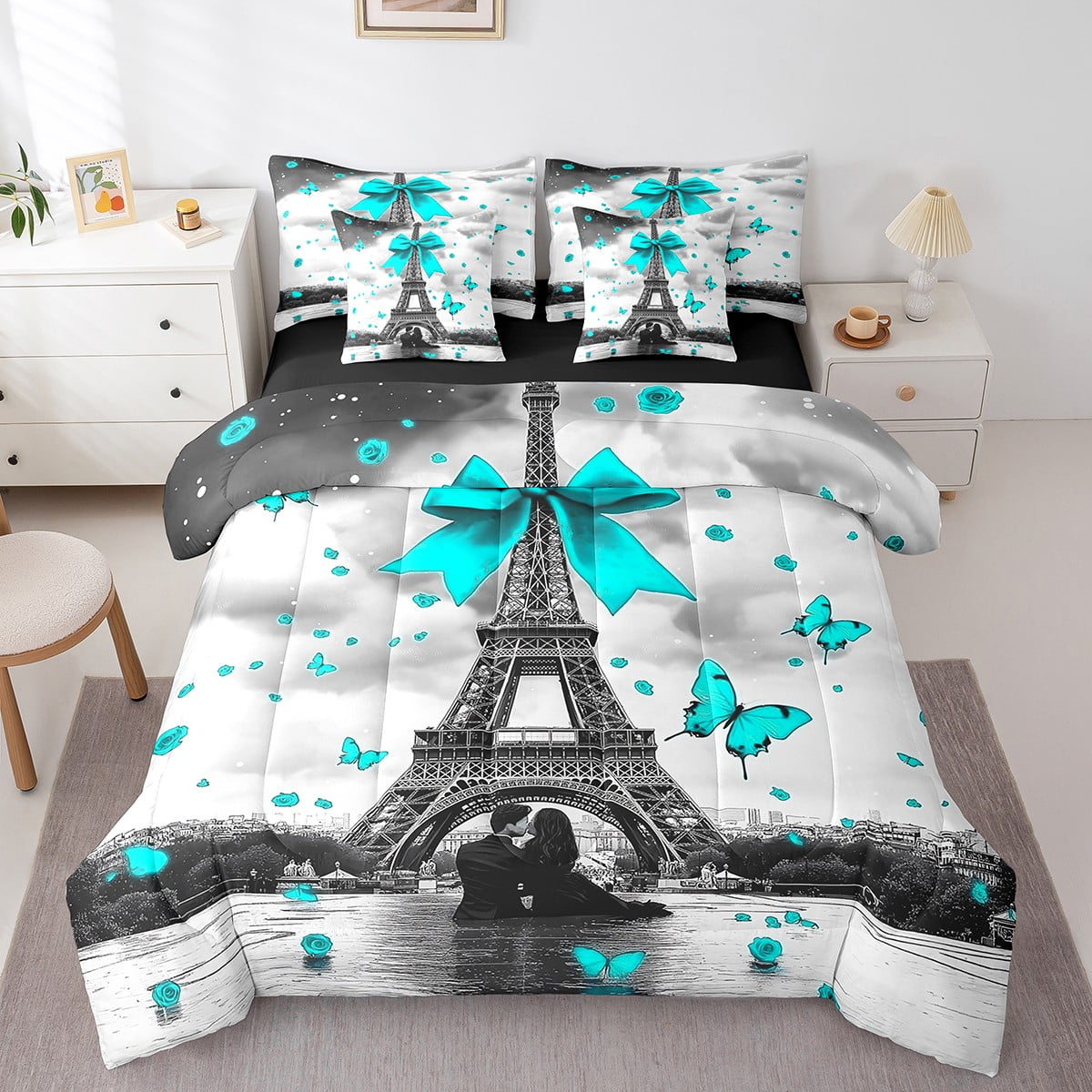 Turquoise Eiffel Tower Comforter Set Twin Size,French Paris Bed in a ...