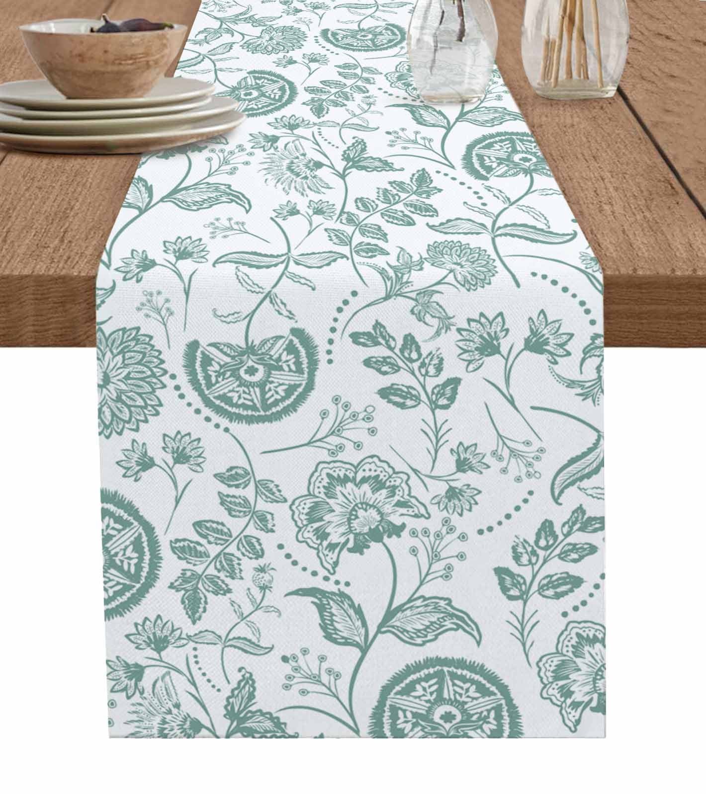 Turquoise Farmhouse Table Runner 72 Inches, Retro Botanical Plant Fruit ...