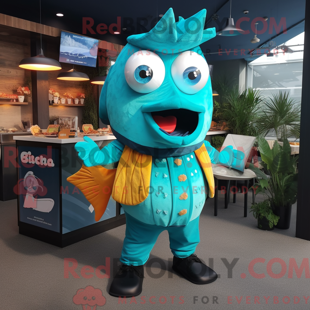 Turquoise Fish And Chips REDBROKOLY mascot costume character dressed ...