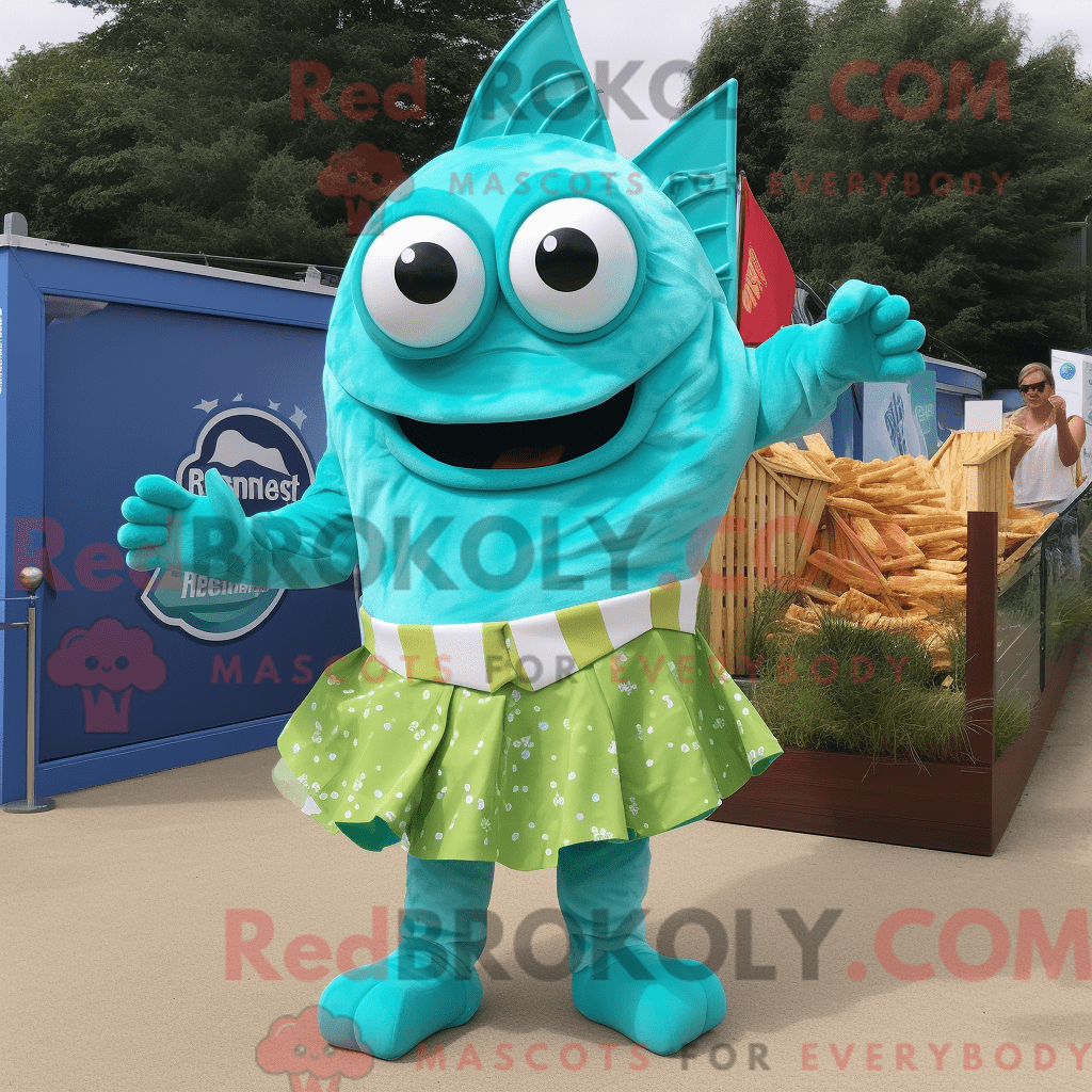Turquoise Fish And Chips REDBROKOLY mascot costume character dressed ...