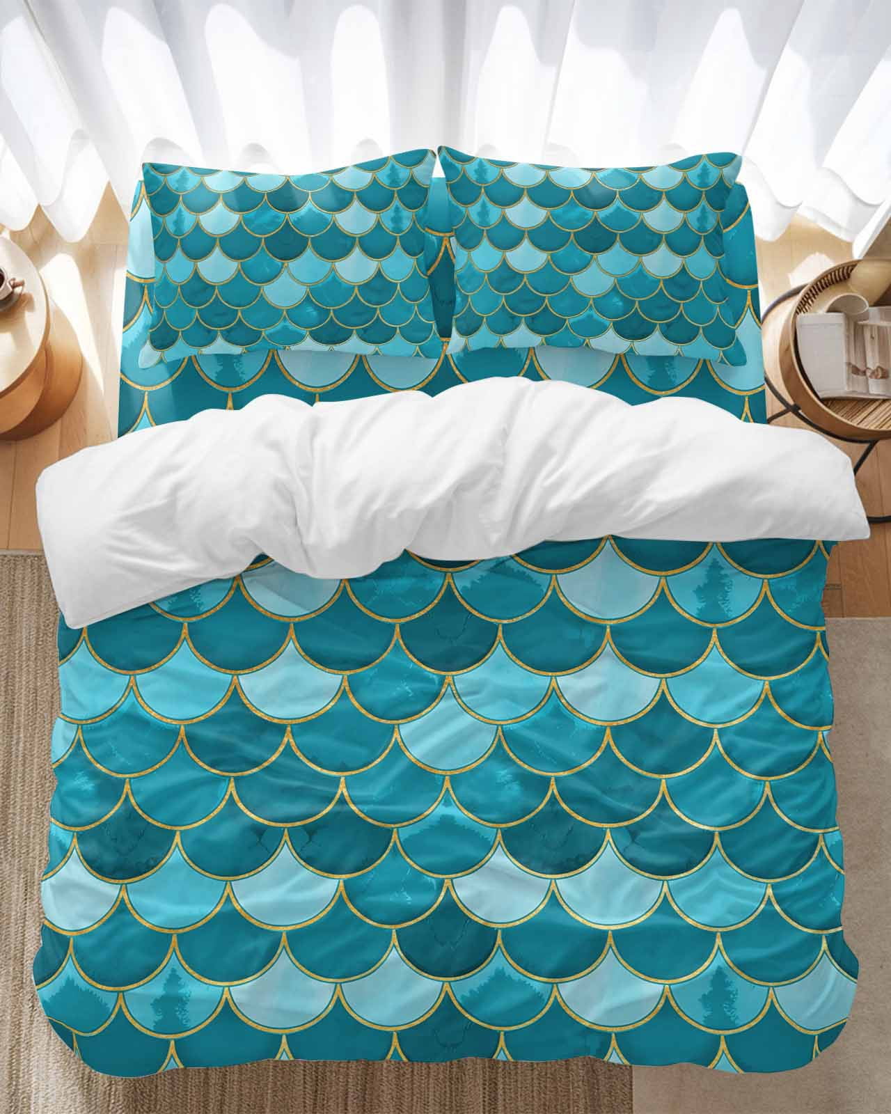 Turquoise Fish Scales Bedding Duvet Cover Set Queen Size 4 Pieces Ombre ...