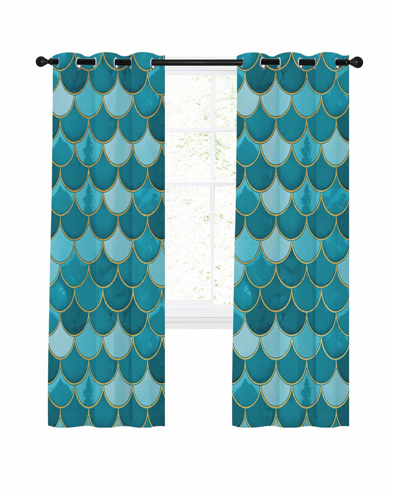 Turquoise Fish Scales Blackout Curtains 96 Inch Length Ombre Fish Tail ...