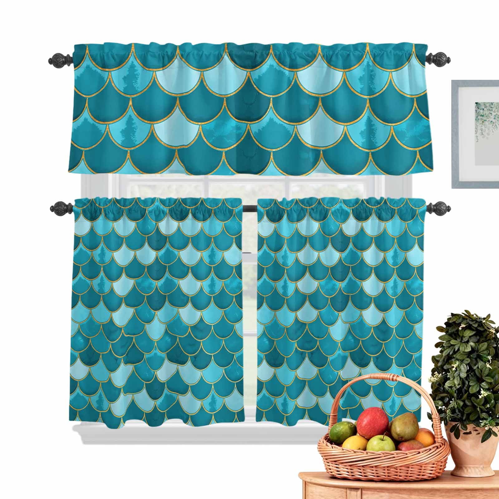 Turquoise Fish Scales Kitchen Curtains Valances 3 Piece Set, Ombre Fish ...