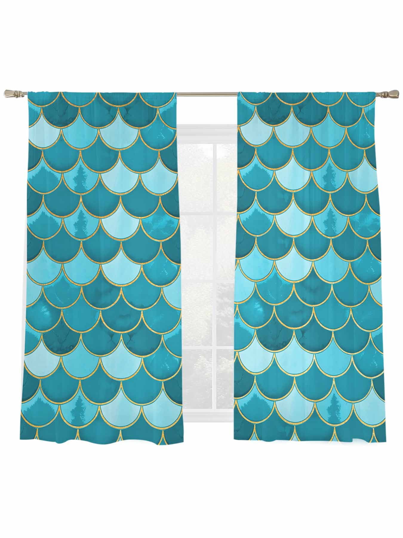 Turquoise Fish Scales Sheer Curtains 72 Inch Long 2 Panels, Ombre Fish ...