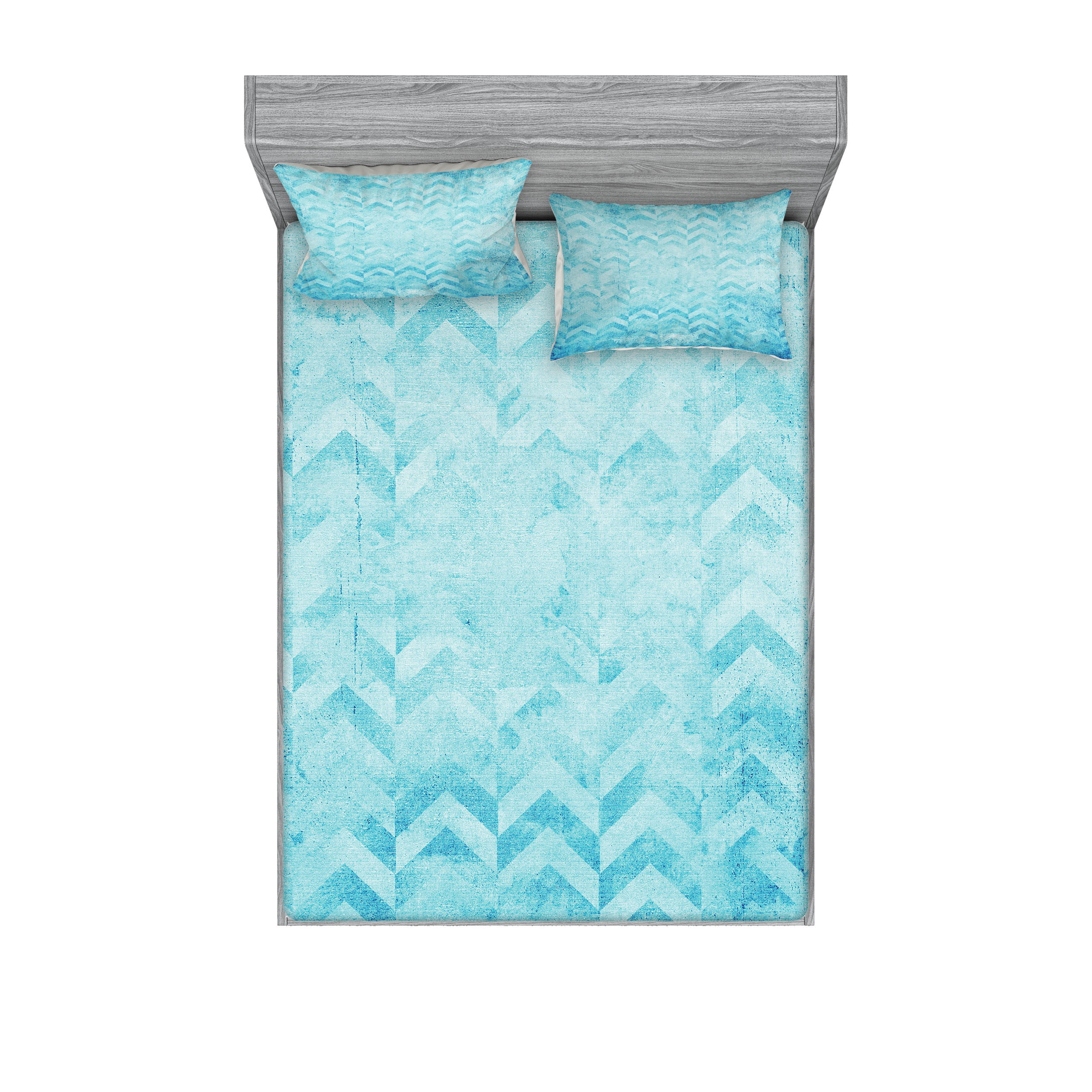 Turquoise Fitted Sheet & Pillow Sham Set, Geometric Design Chevron ...