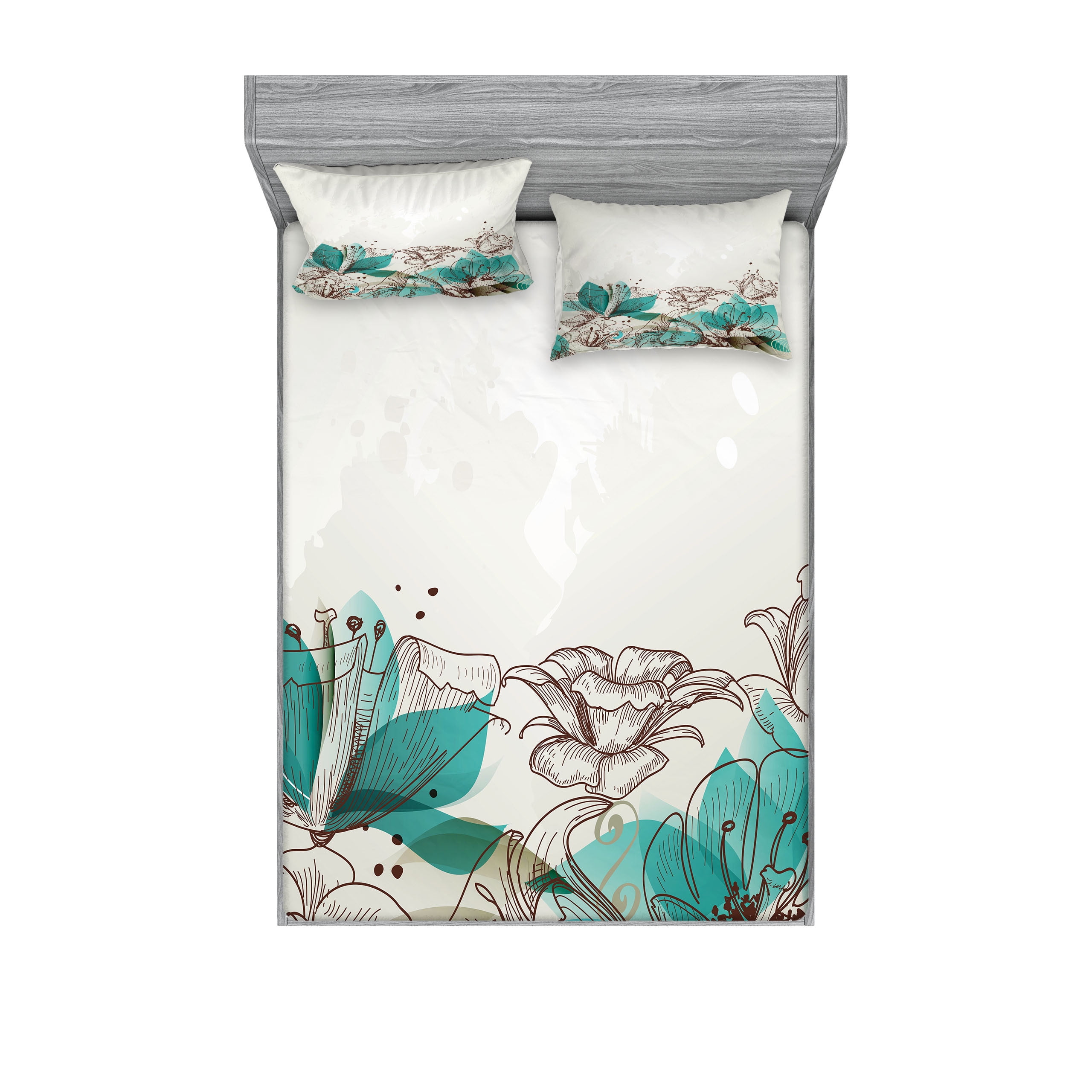 Turquoise Fitted Sheet & Pillow Sham Set, Retro Floral Background ...